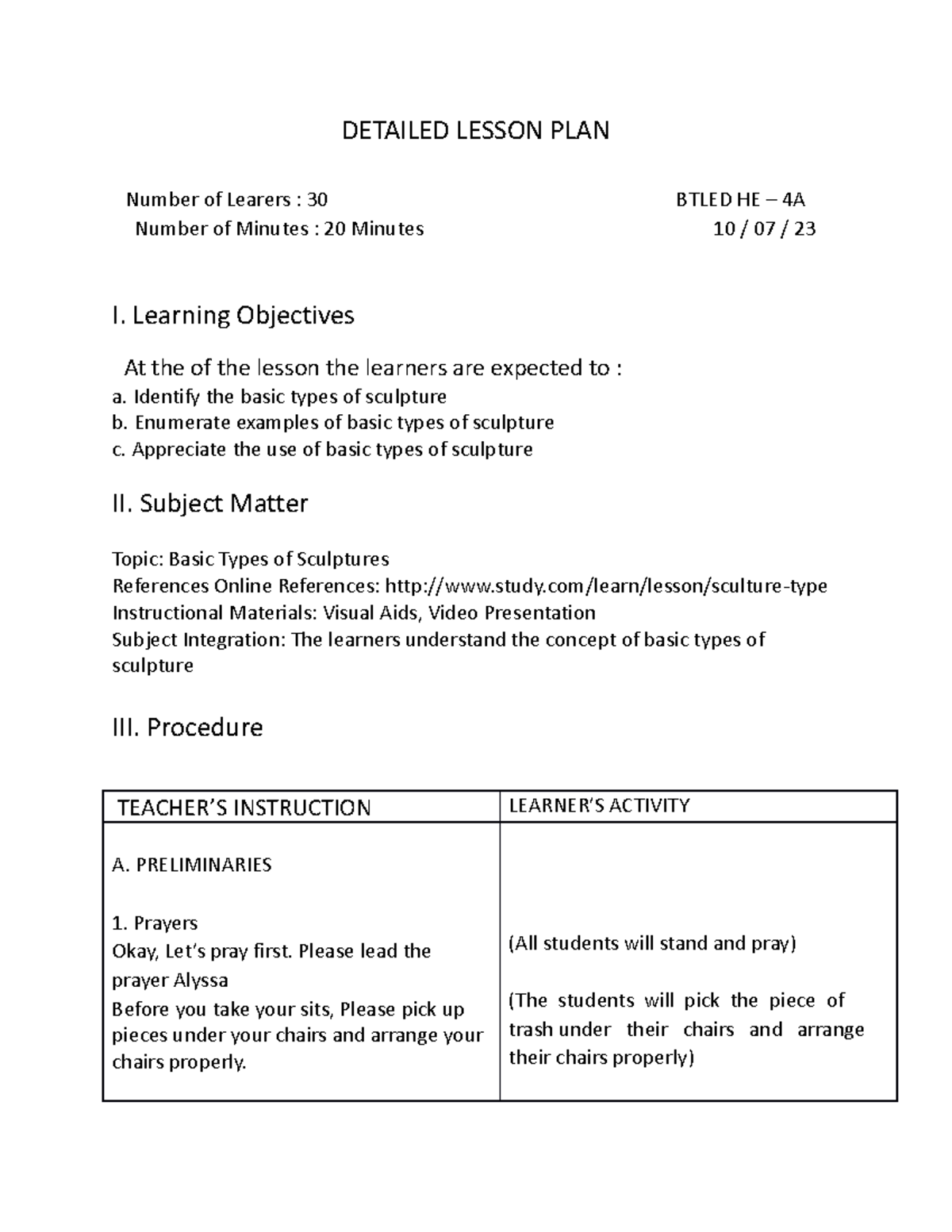 DLP Art App - about types of arts - DETAILED LESSON PLAN Number of ...