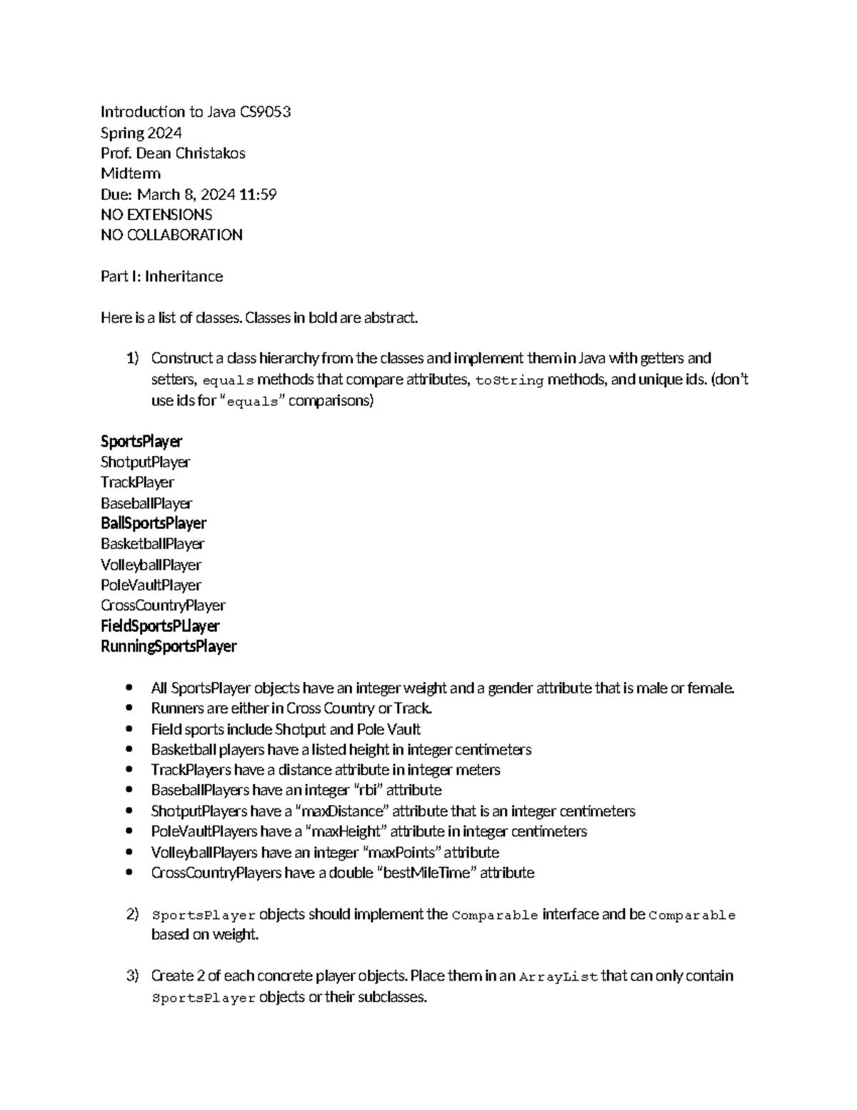 Midterm Coding Section - Introduction to Java CS Spring 2024 Prof. Dean ...
