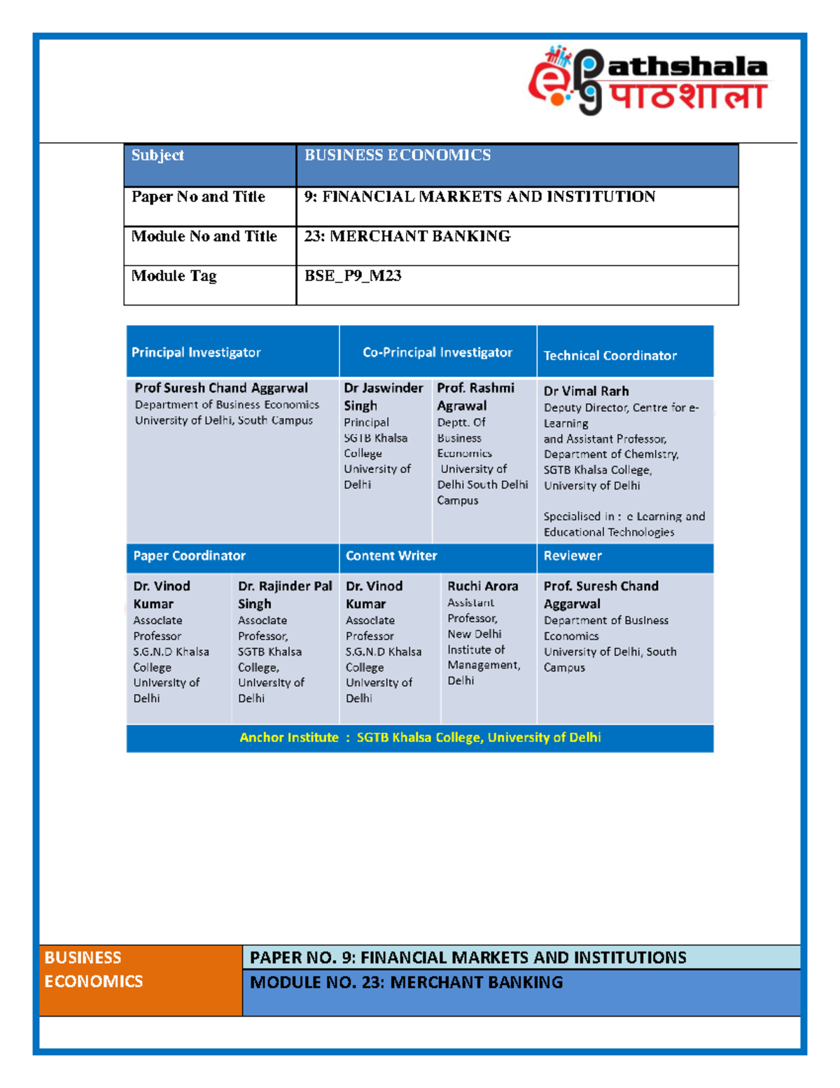 MERCHANT BANKING - BUSINESS PAPER NO. 9: FINANCIAL MARKETS AND ...