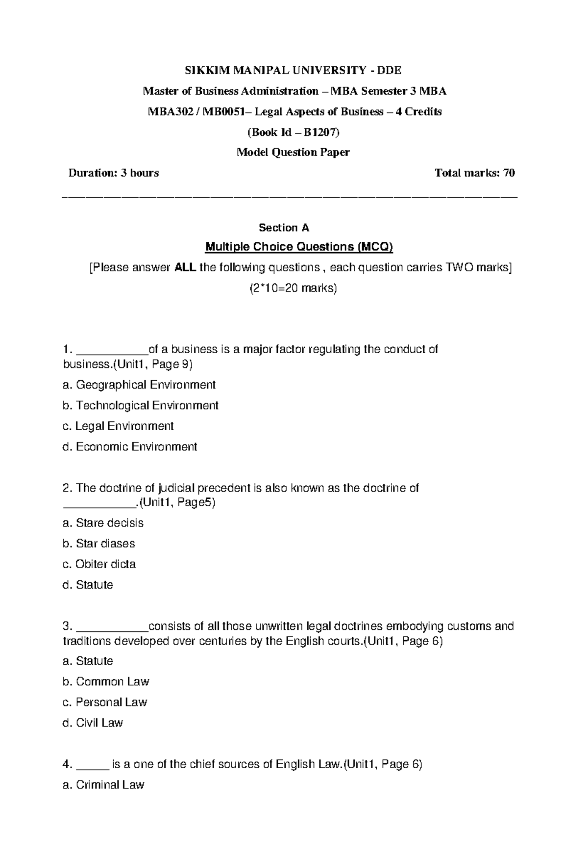 Sample/practice exam 6 July 2016, questions - SIKKIM MANIPAL UNIVERSITY ...