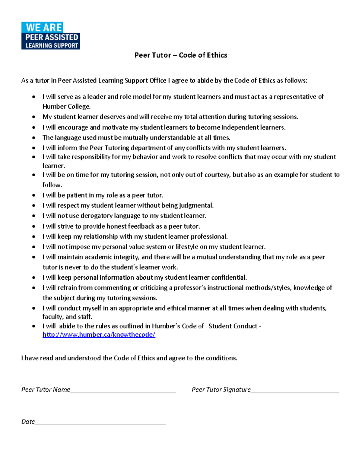 Peer Tutor: Code of Ethics - Peer Tutor – Code of Ethics As a tutor in ...