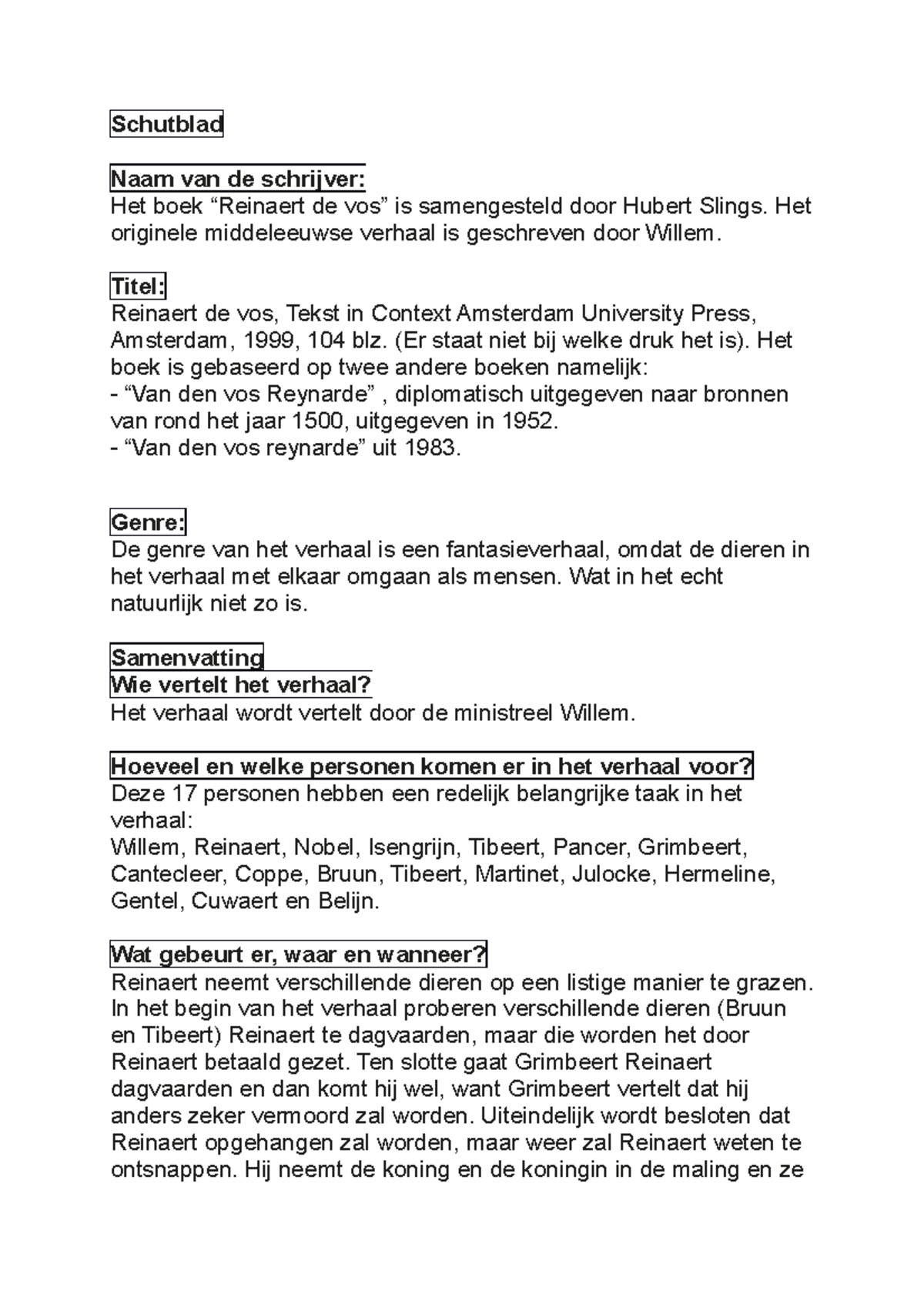 Schutblad - Samenvatting Reinaert de Vos in verhouding tot formeel ...