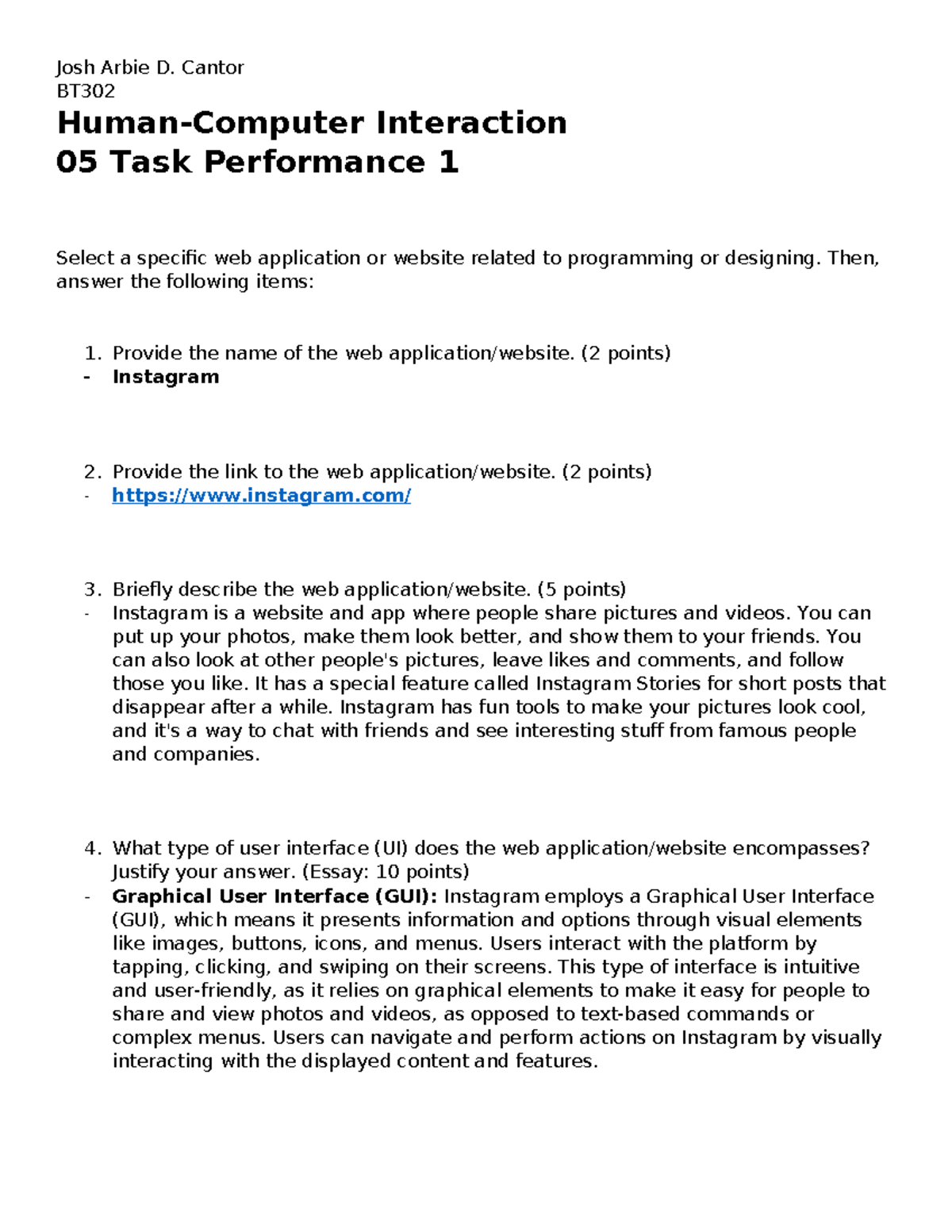 Laboratory Exercise - Josh Arbie D. Cantor BT Human-Computer Interaction 05 Task Performance 1 ...
