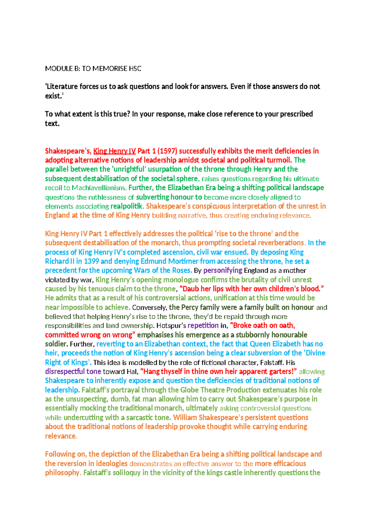 King Henry IV Part 1 - Mod B essay - MODULE B: TO MEMORISE HSC ...