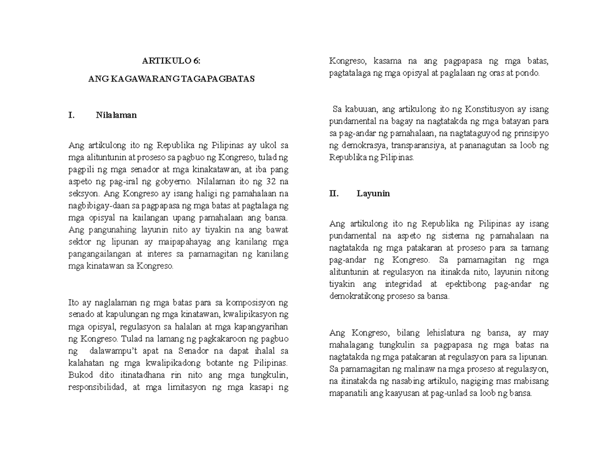 Artikulo-6 - ARTIKULO 6: ANG KAGAWARANG TAGAPAGBATAS I. Nilalaman Ang ...
