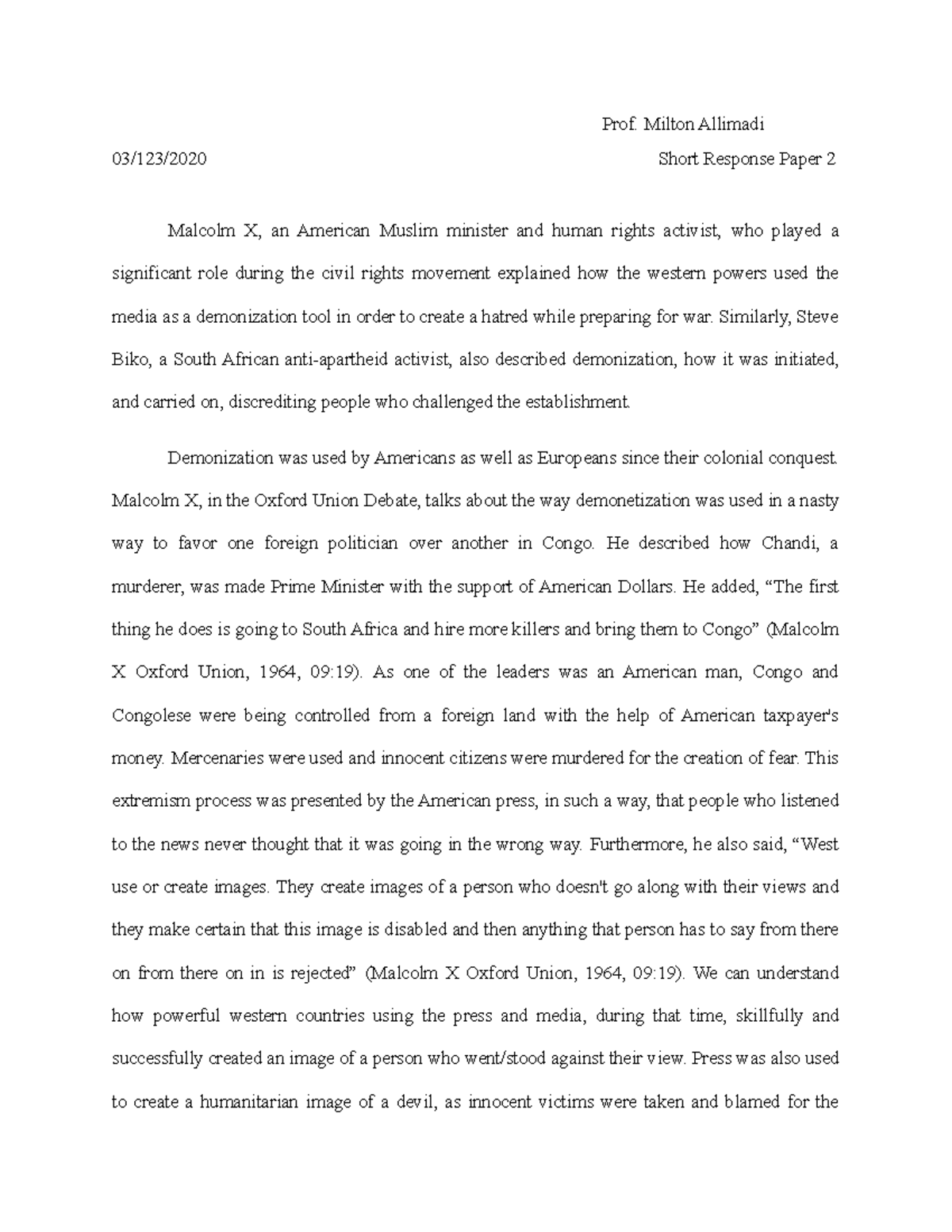 AFR 2 - Short response paper - Prof. Milton Allimadi 03/123/2020 Short ...