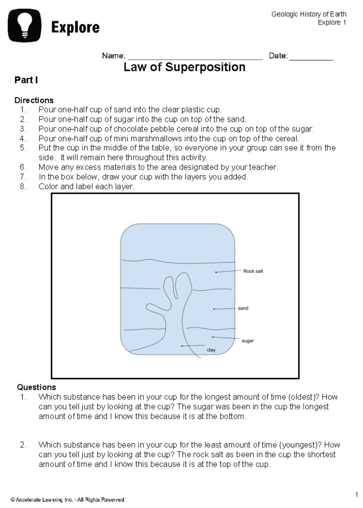 Law of Superposition Activity - 1 Geologic History of Earth Explore 1 ...