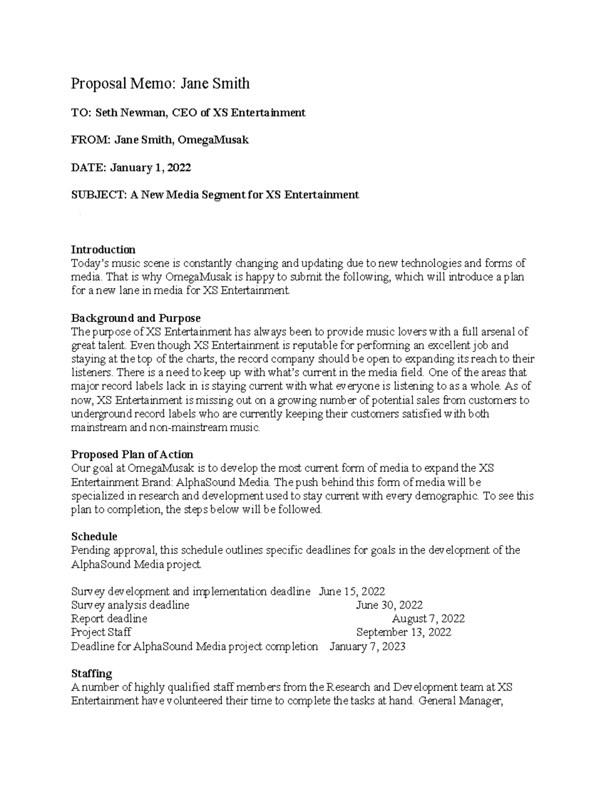 Proposal Memo Jane Smith - That is why OmegaMusak is happy to submit ...
