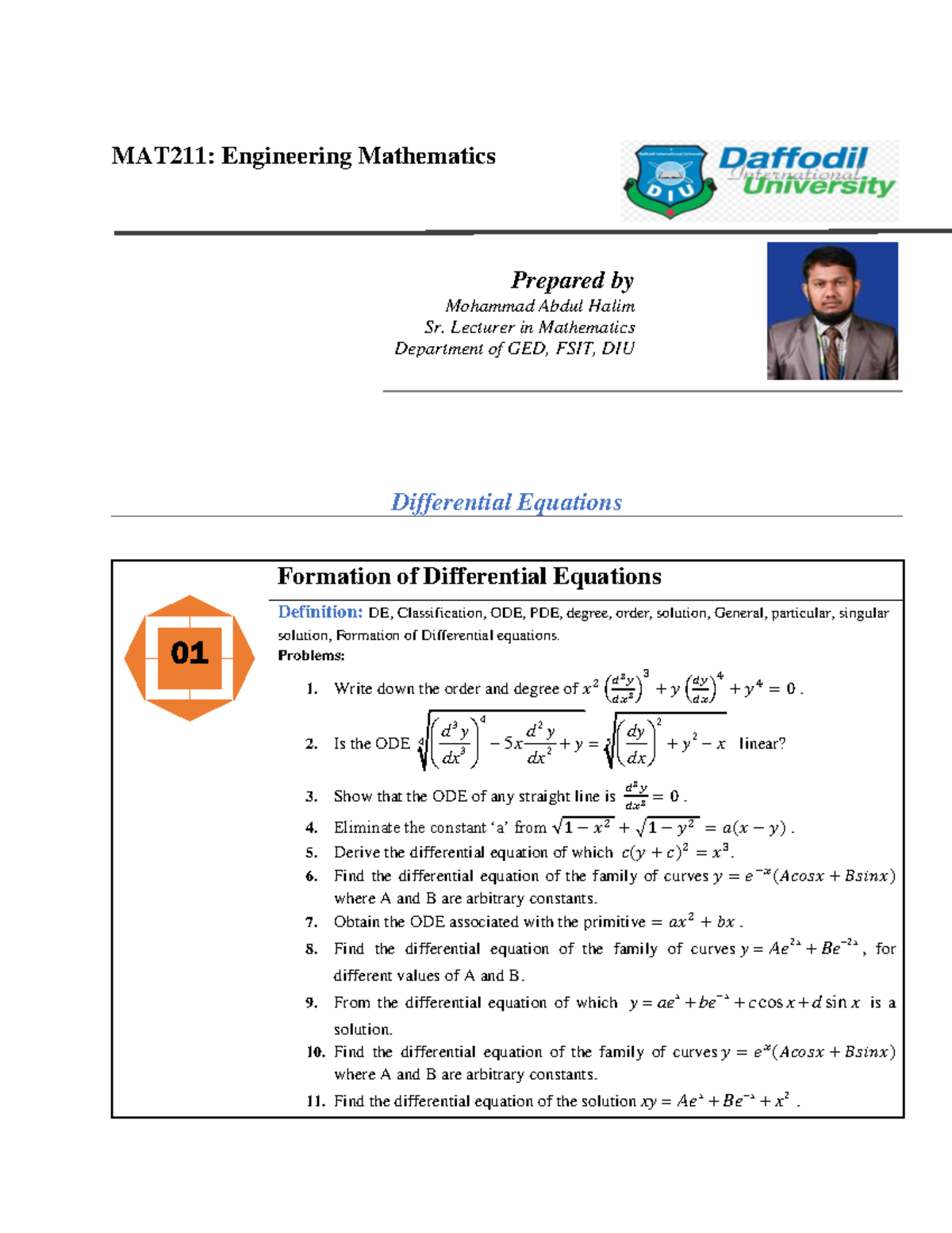 MAT211-Problem-list-CSE - MAT211: Engineering Mathematics Differential Equations Formation of ...