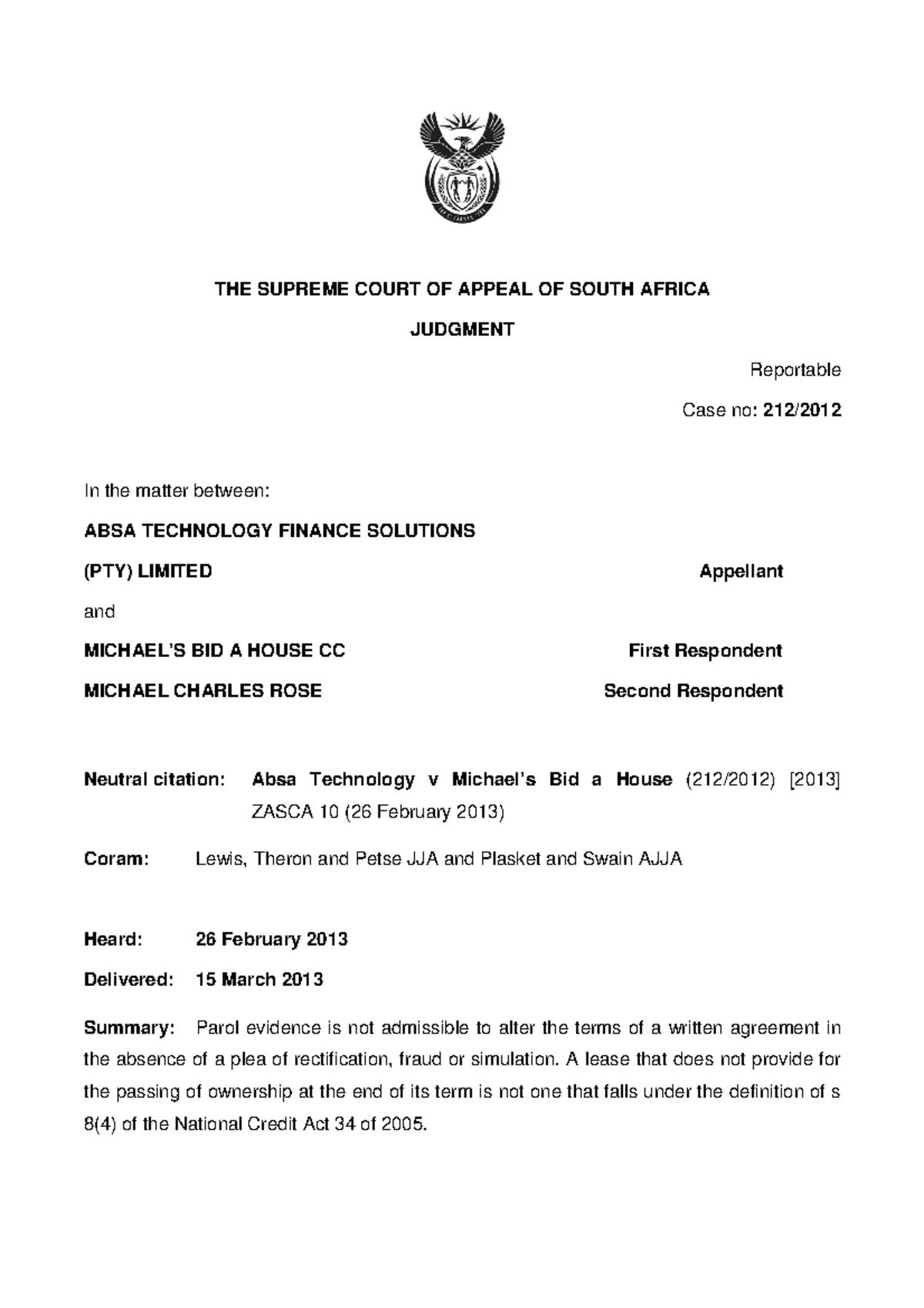 BWR case law number 10 - THE SUPREME COURT OF APPEAL OF SOUTH AFRICA ...