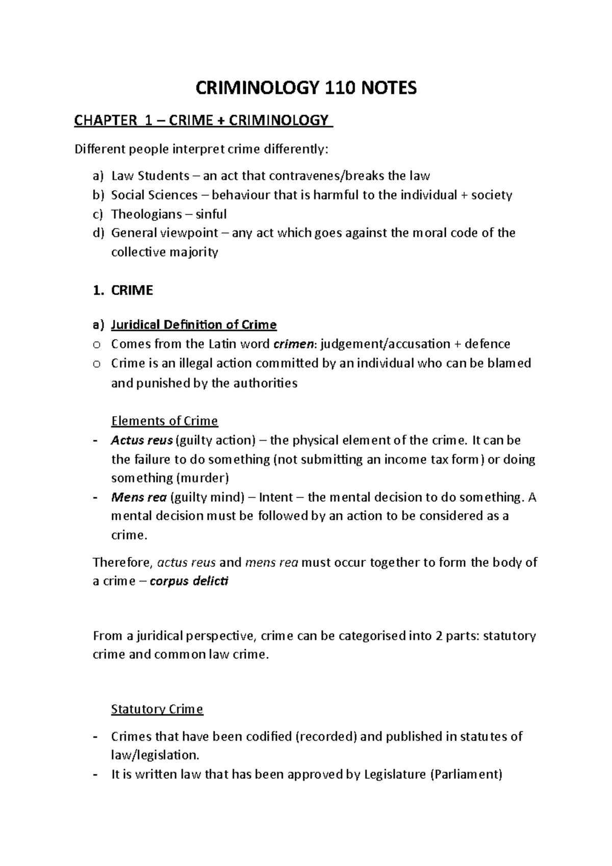 Criminology 110 Notes - CRIMINOLOGY 110 NOTES CHAPTER 1 – CRIME ...