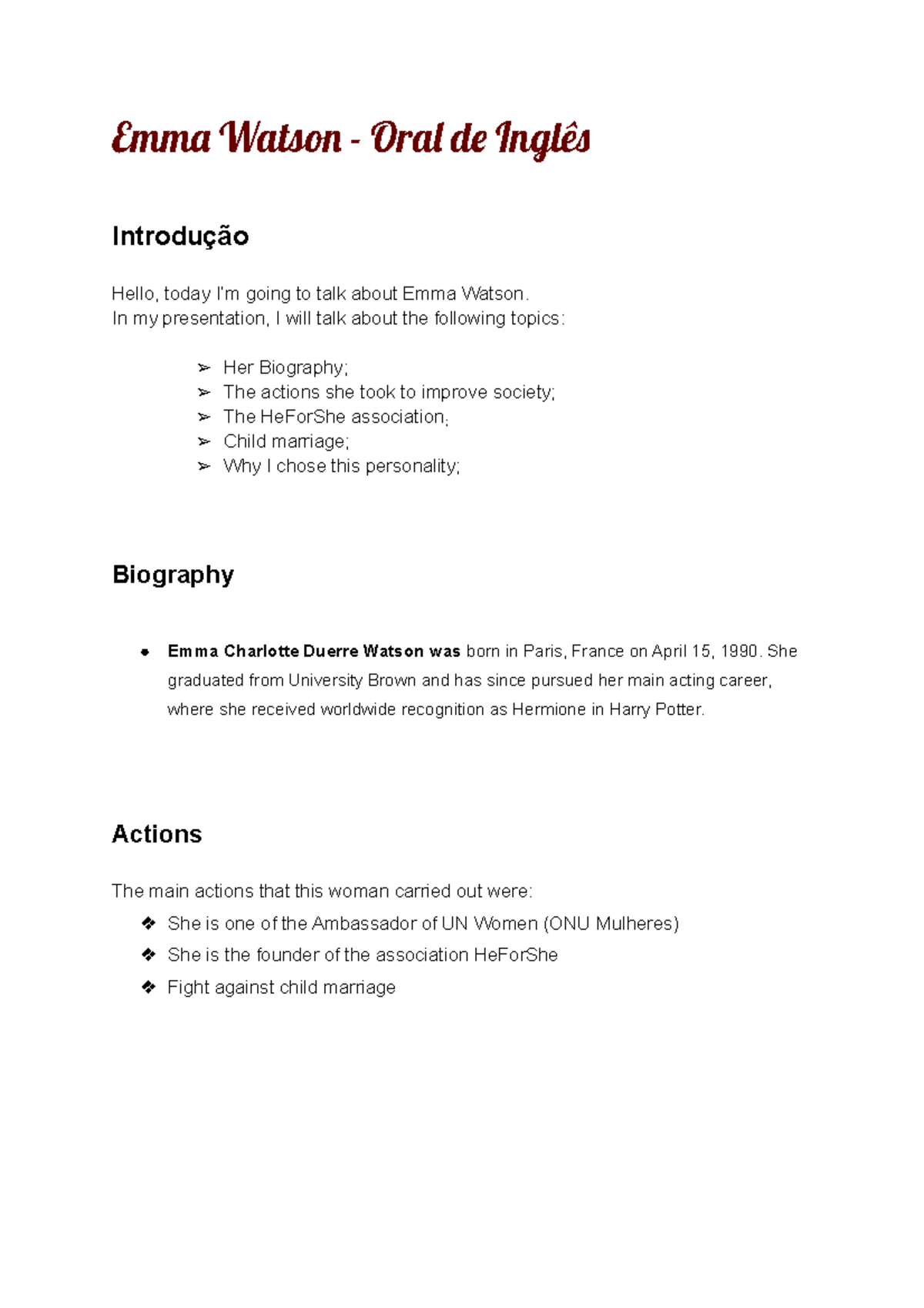 Emma Watson - Oral de Inglês - Emma Watson - Oral de Inglês Introdução ...