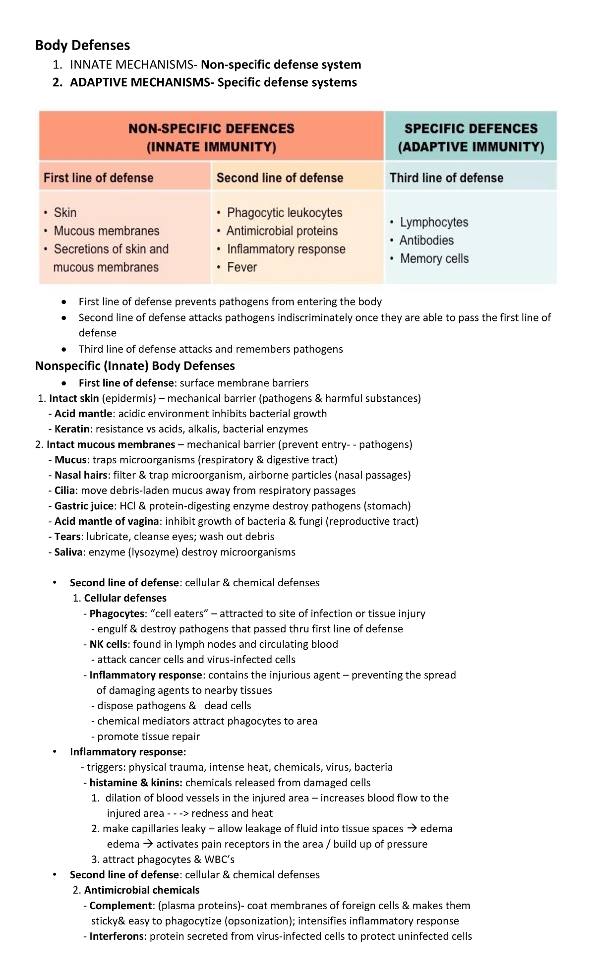 Body defense - Lecture notes 1 - Body Defenses 1. INNATE MECHANISMS ...