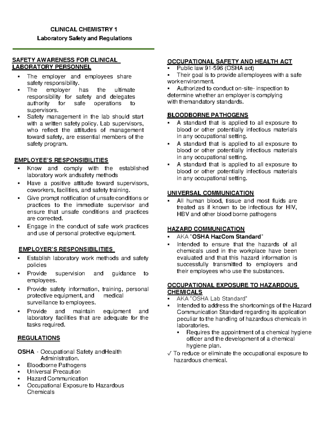 LAB Safety AND Regulations - CLINICAL CHEMISTRY 1 Laboratory Safety and ...