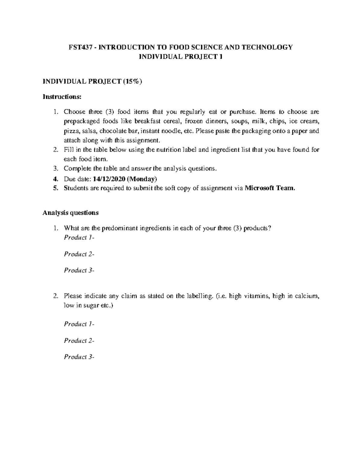 FST437- Individual Projects Guideline - FST437 - INTRODUCTION TO FOOD ...