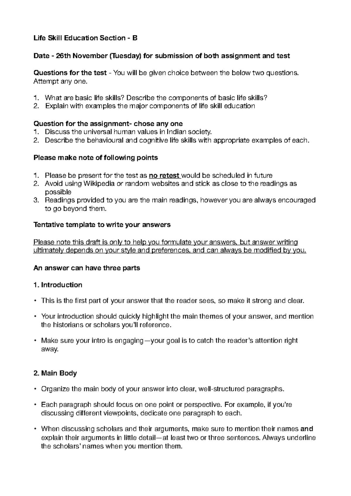 LSE test and assignment Details - Life Skill Education Section - B Date ...