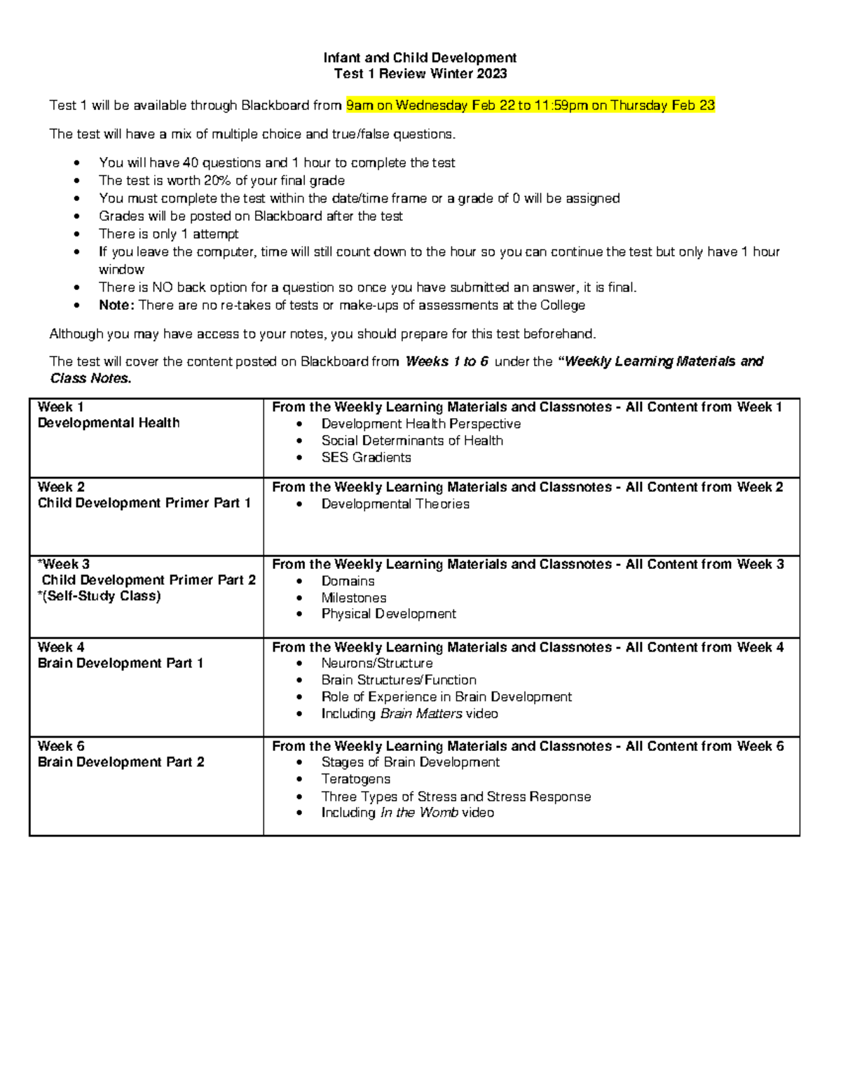 Test 1 Review Winter 2023 - Infant - Infant and Child Development Test ...