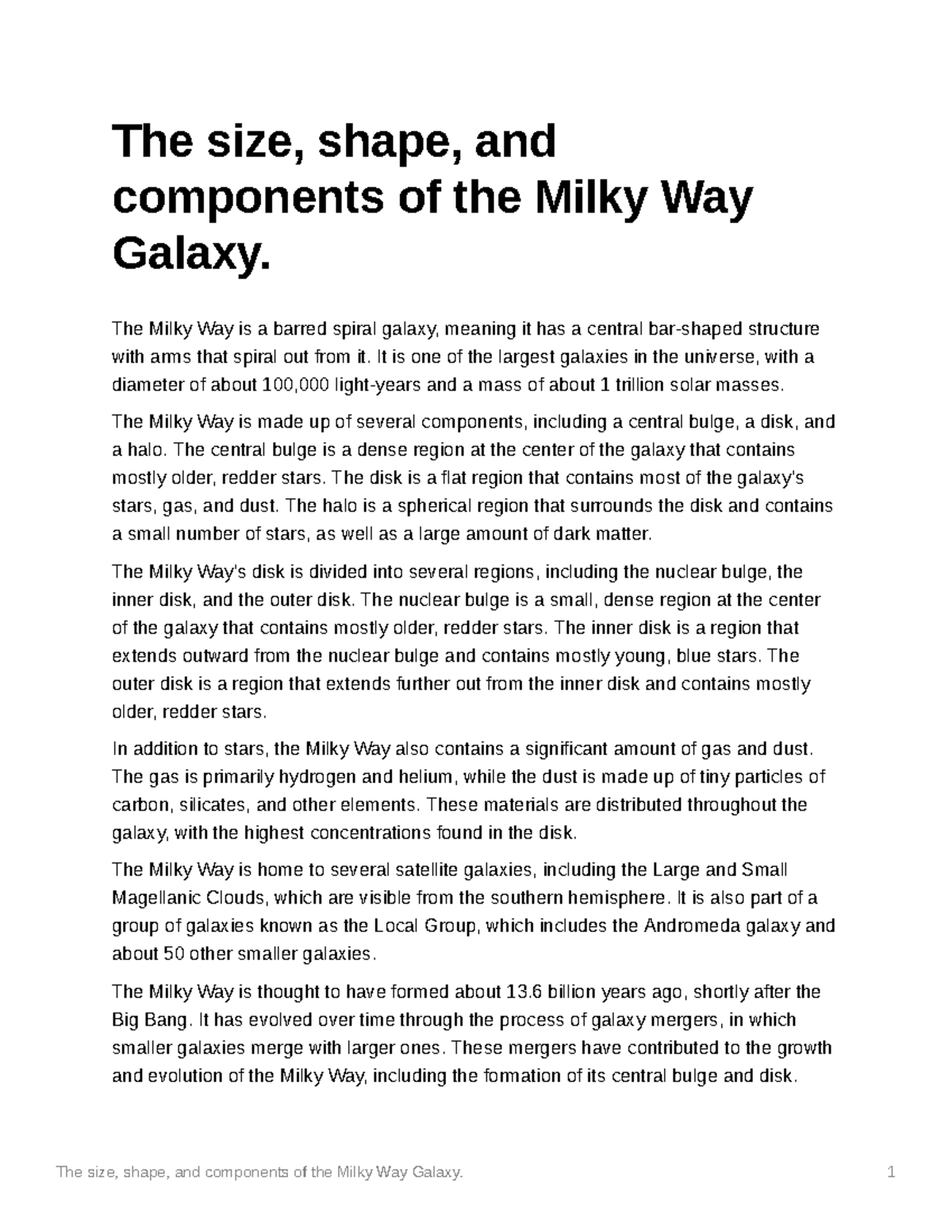 The size shape and components of the Milky Way Galaxy - 1 The size ...