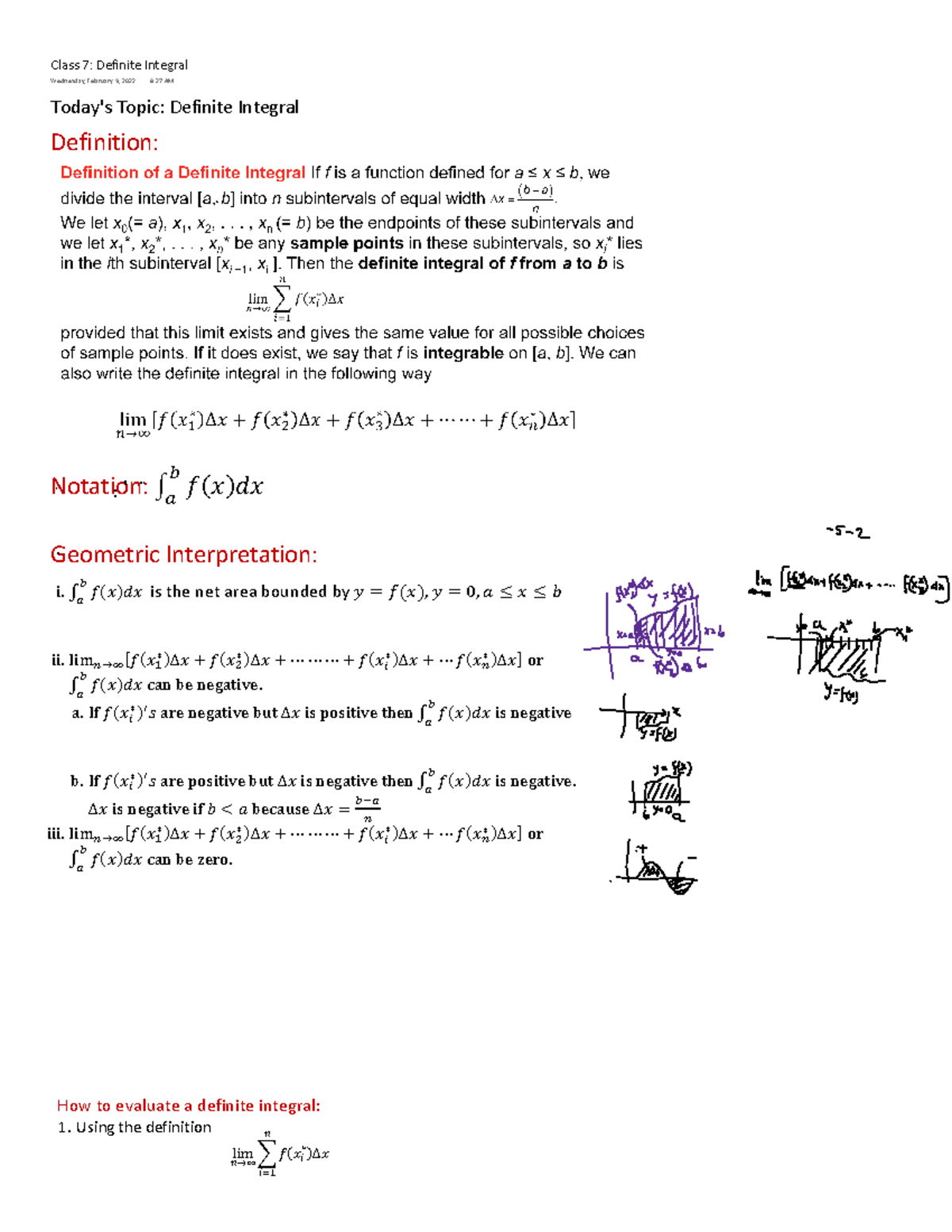 Class 7 - notes - Class 7: Definite Integral Wednesday, February 9 ...