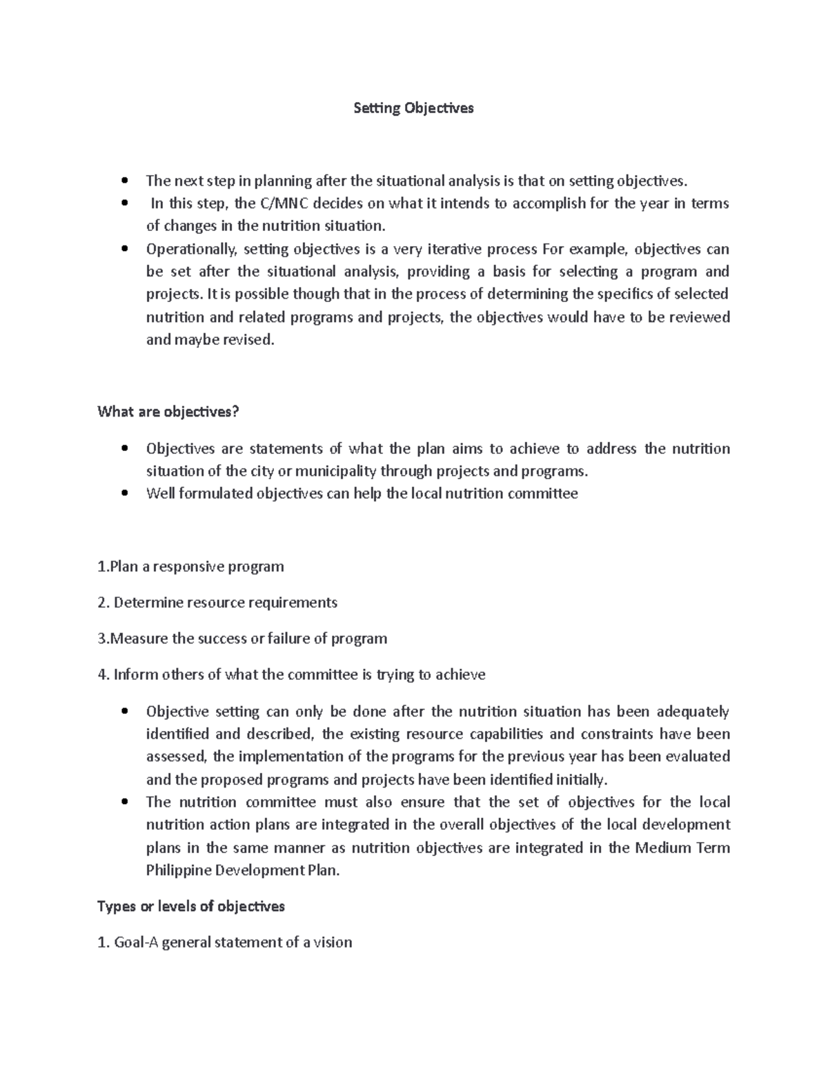 Setting Objectives - Notes - Setting Objectives The next step in ...