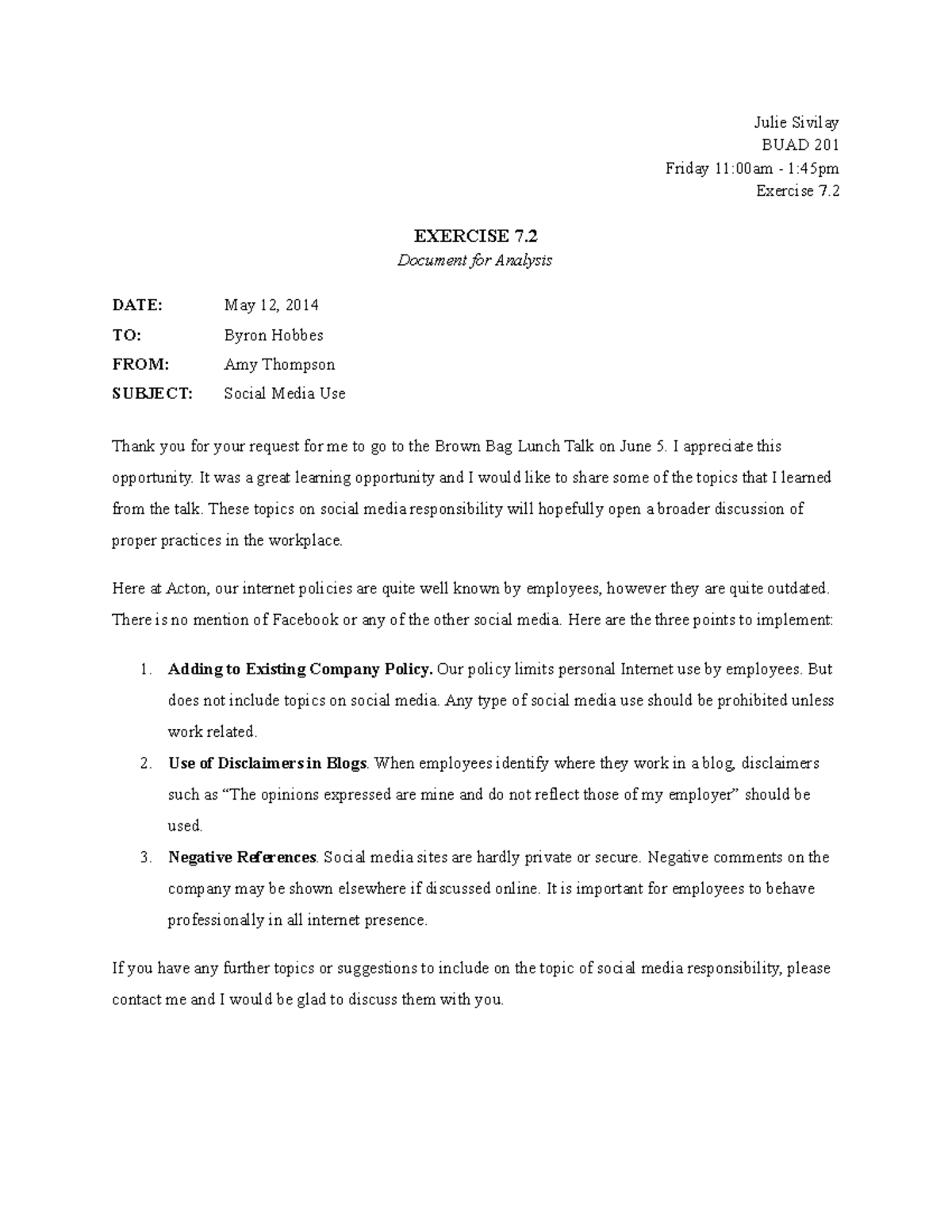 BUAD 201 Wk 4 HW Exc. 7 - homework - Julie Sivilay BUAD 201 Friday 11 ...