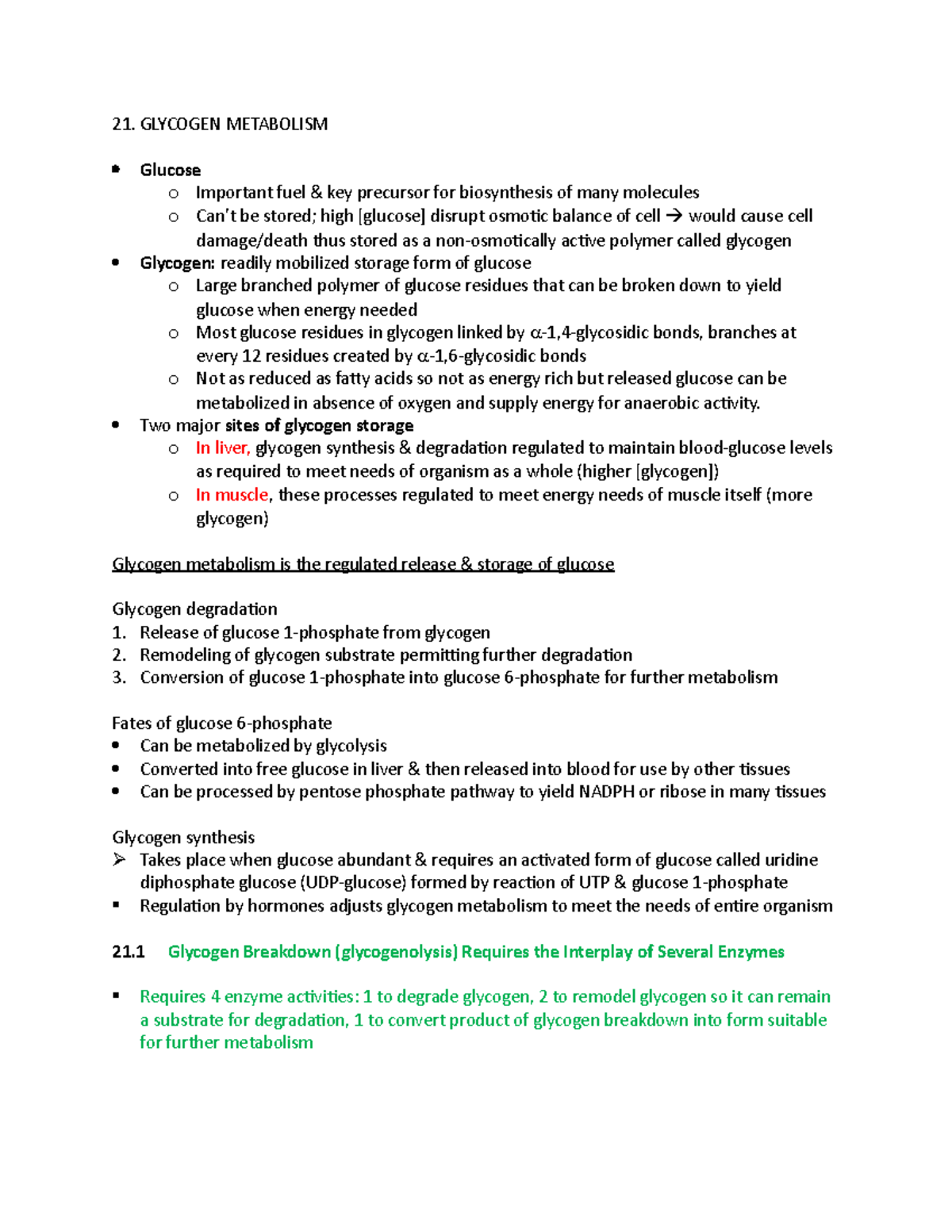 Notes on Glycogen- Metabolism - 21. GLYCOGEN METABOLISM Glucose o ...