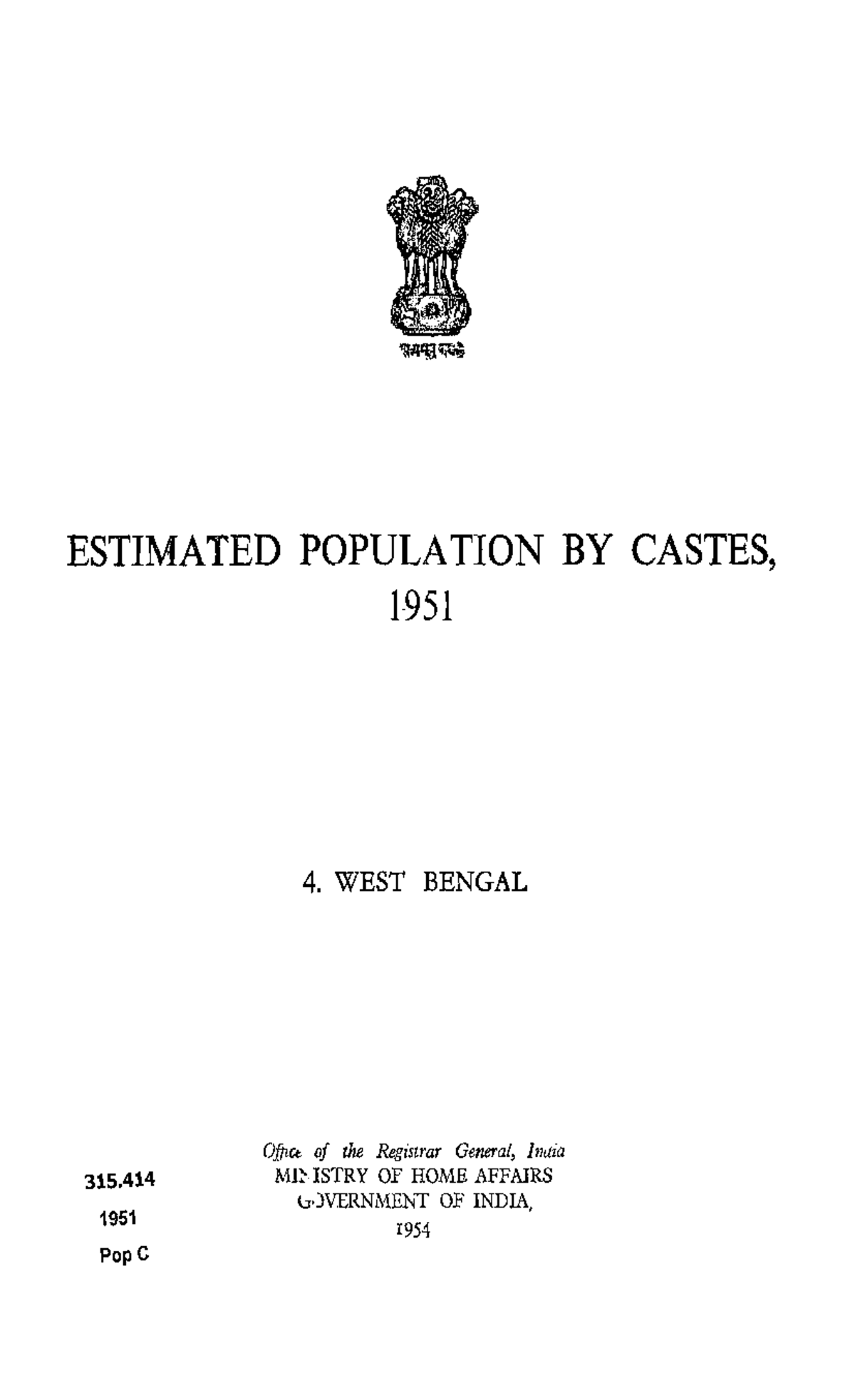Census India 1951West Bengal Castes - ESTIMATED POPULA TION BY CASTES ...