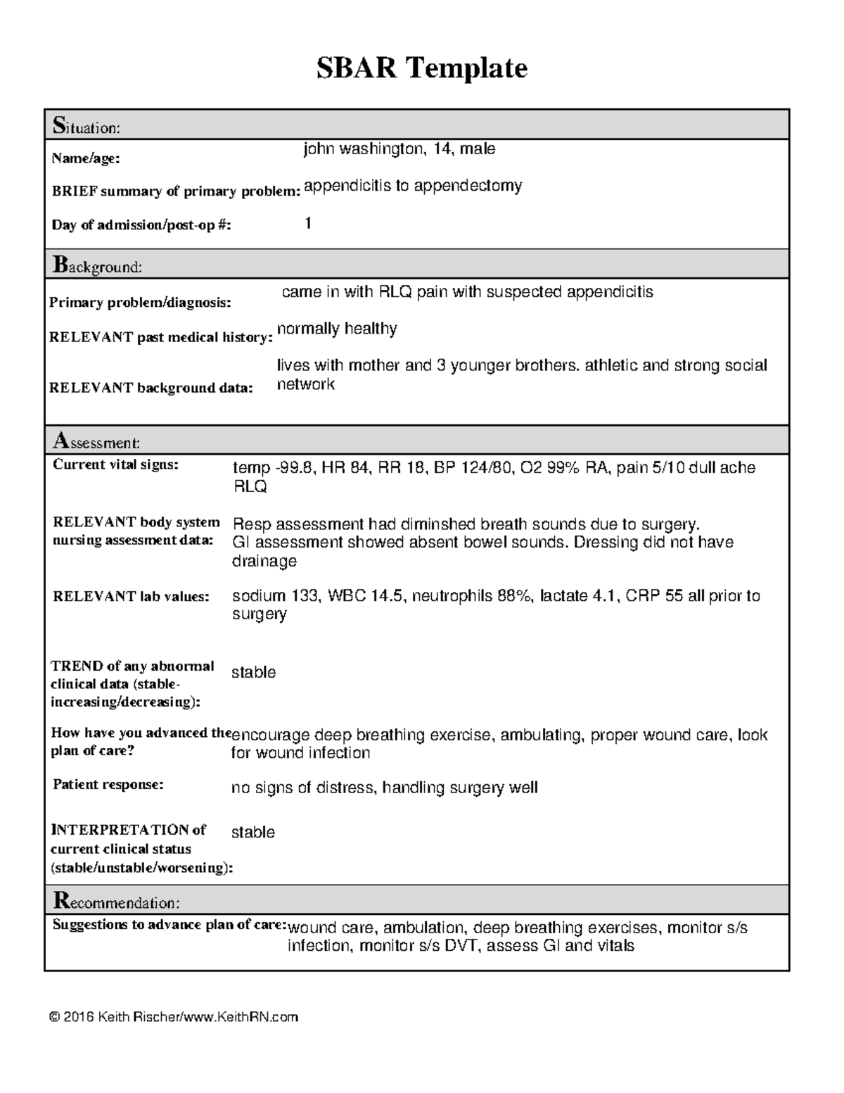 SBAR Fillable PDF - aaa - © 2016 Keith KeithRN SBAR Template Situation ...