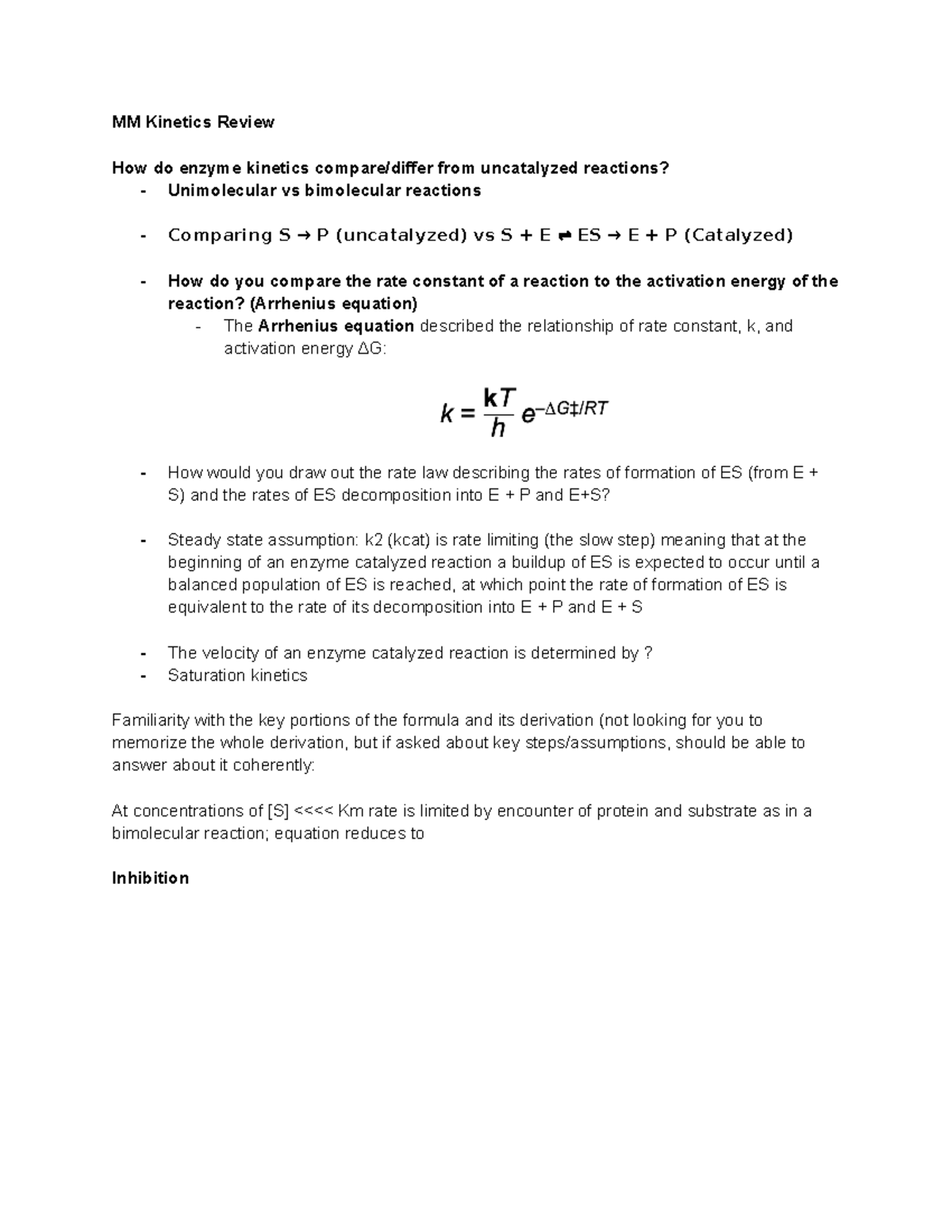 MM Kinetics Review - MM Kinetics Review How do enzyme kinetics compare/differ from uncatalyzed ...