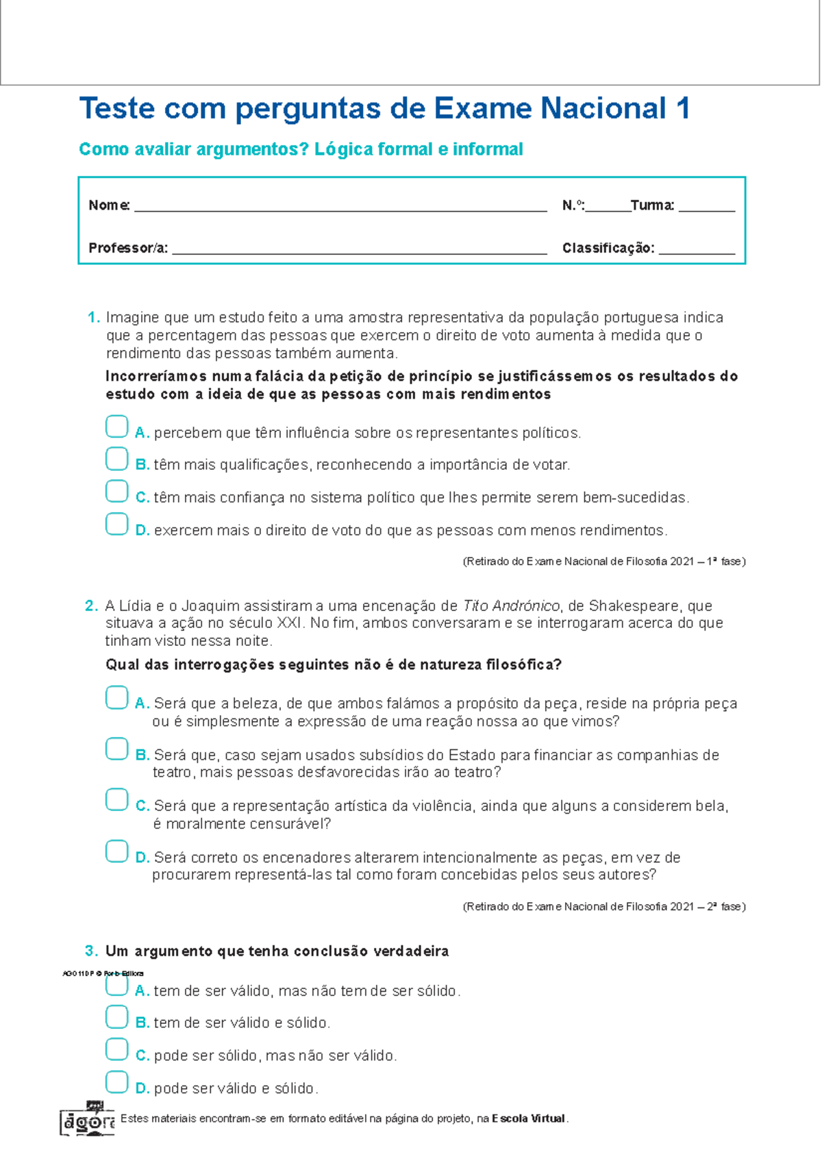 Ago11 testes com perguntas de exame nacional 1 - Teste com perguntas de ...