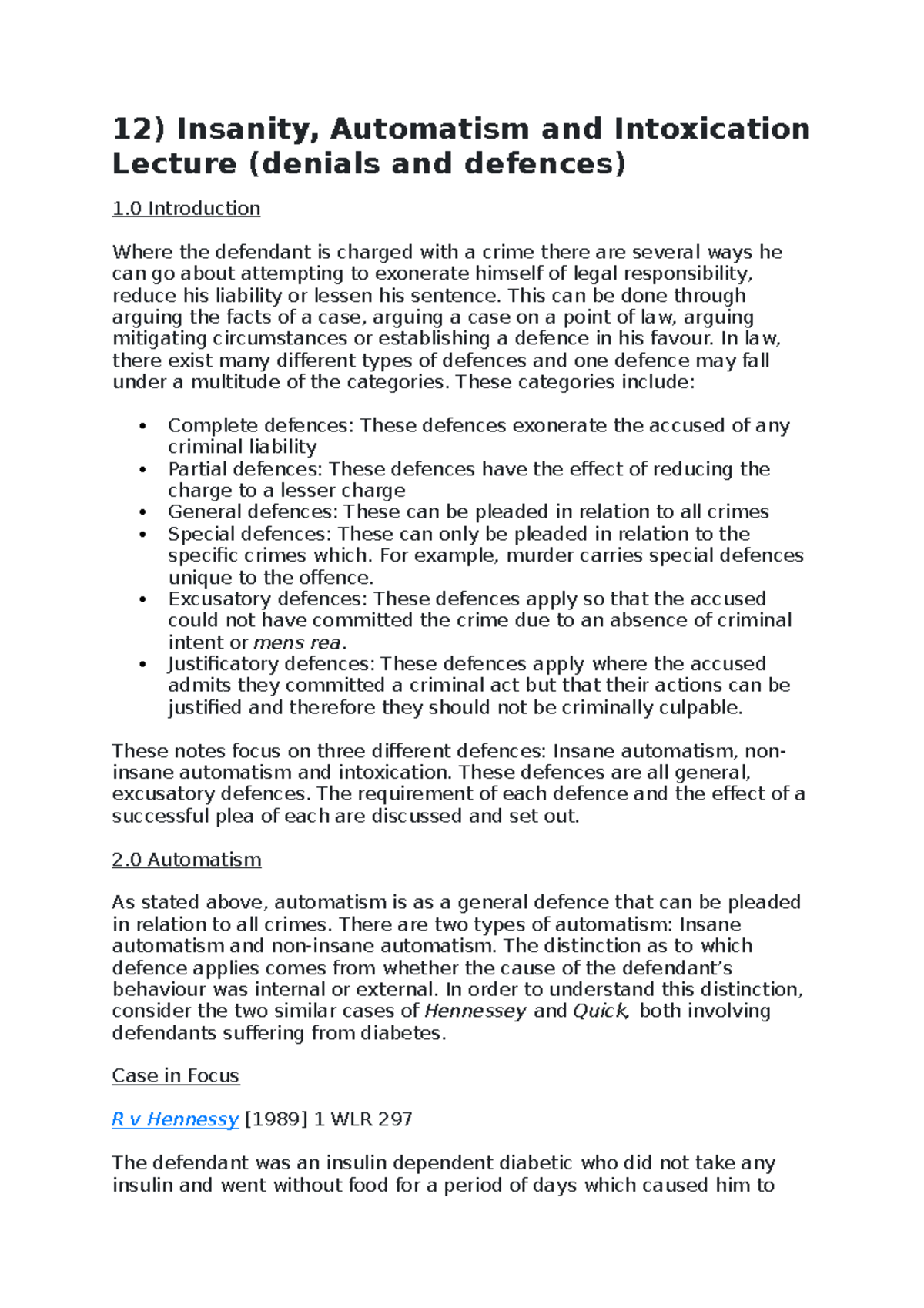 12) Insanity, Automatism and Intoxication Lecture (denials and defences ...