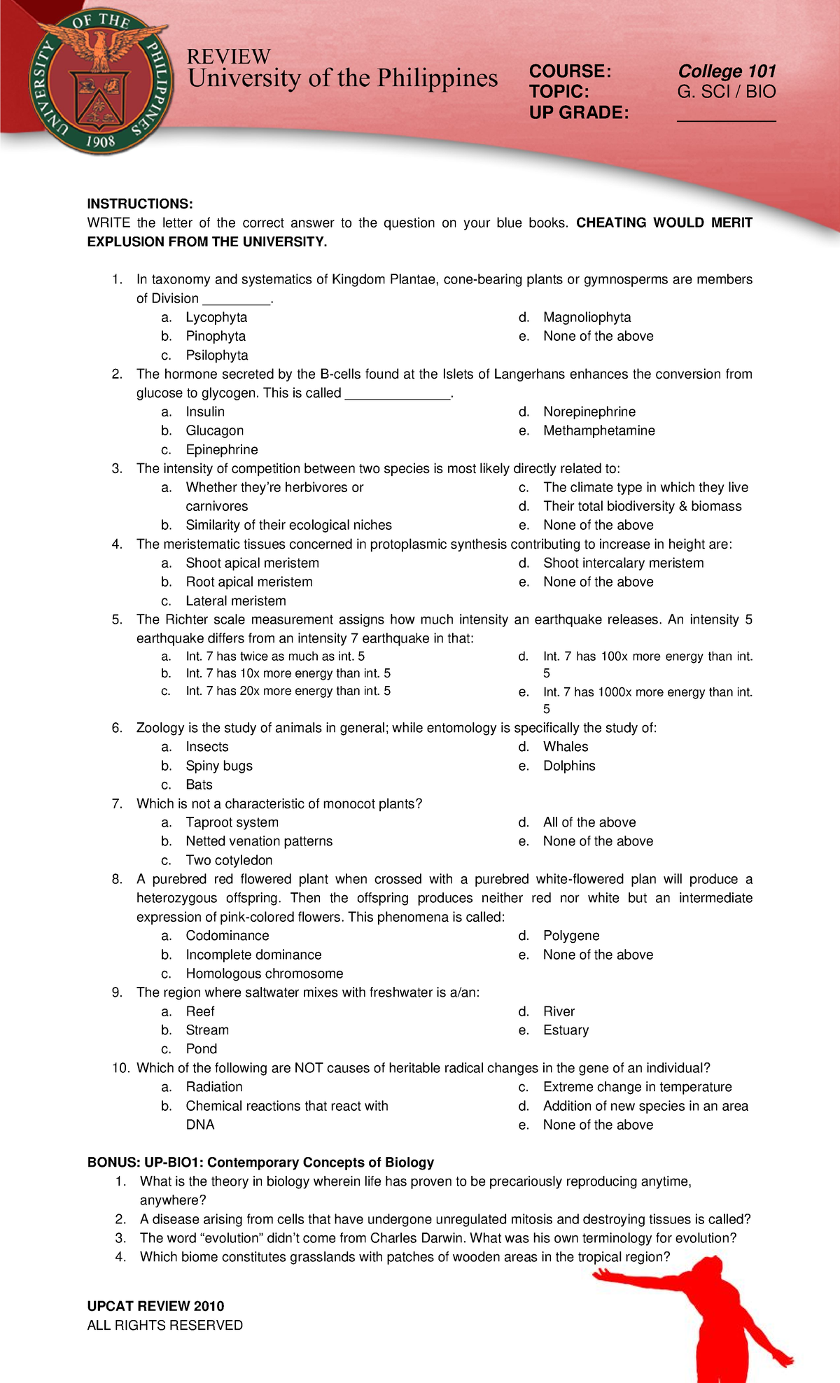 Upcat Gen Sci and Biology - UPCAT REVIEW 2010 ALL RIGHTS RESERVED ...