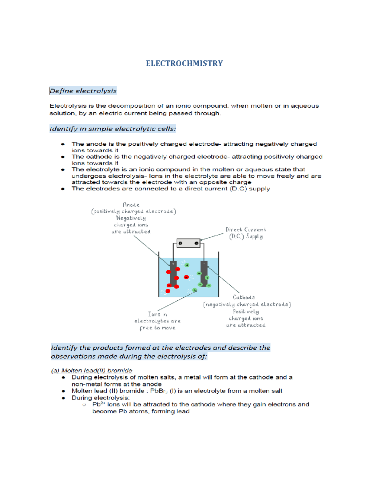 Electrochemistry notes - ELECTROCHMISTRY Define electrolysis ...