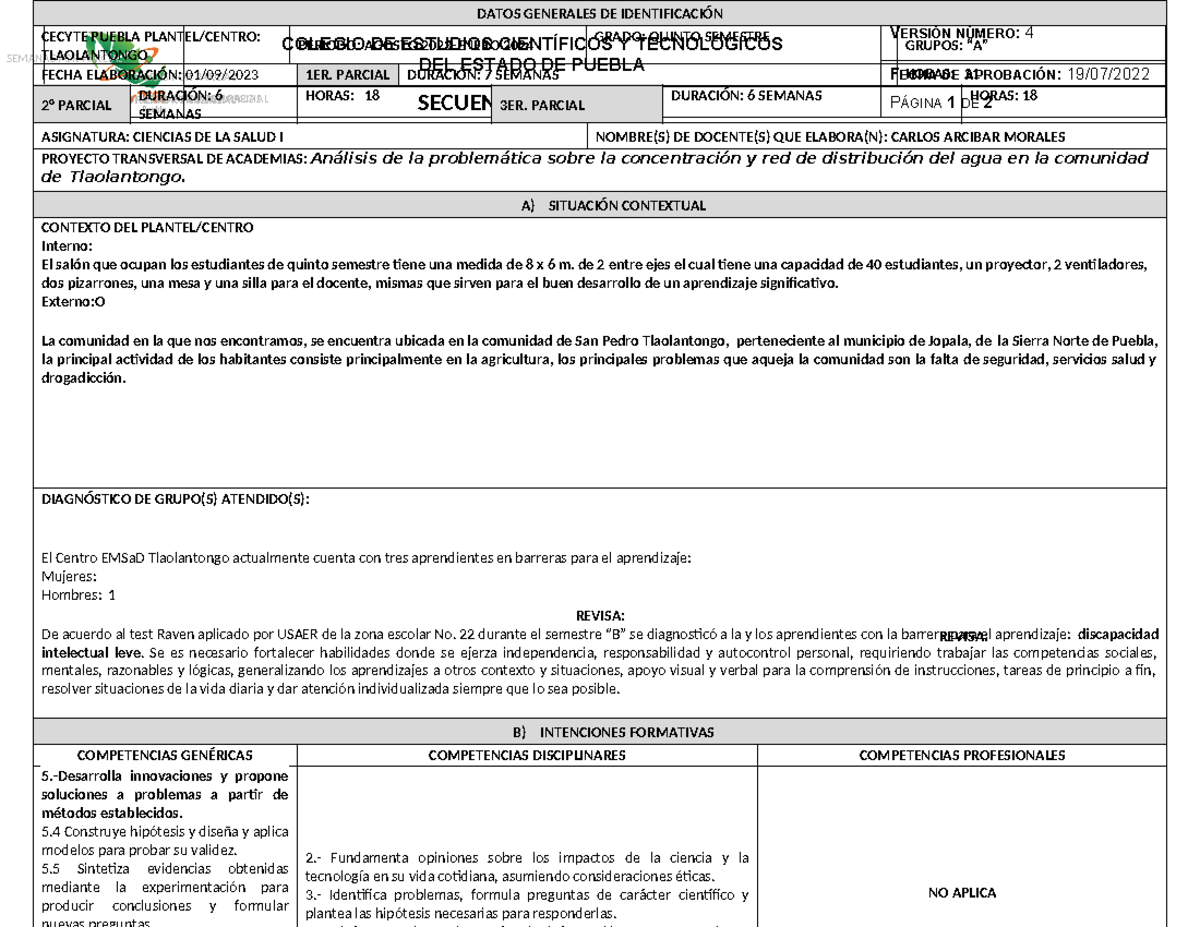 S.D Ciencias DE LA Salud I - SEMANAS POR PARCIAL HORAS POR PARCIAL ...