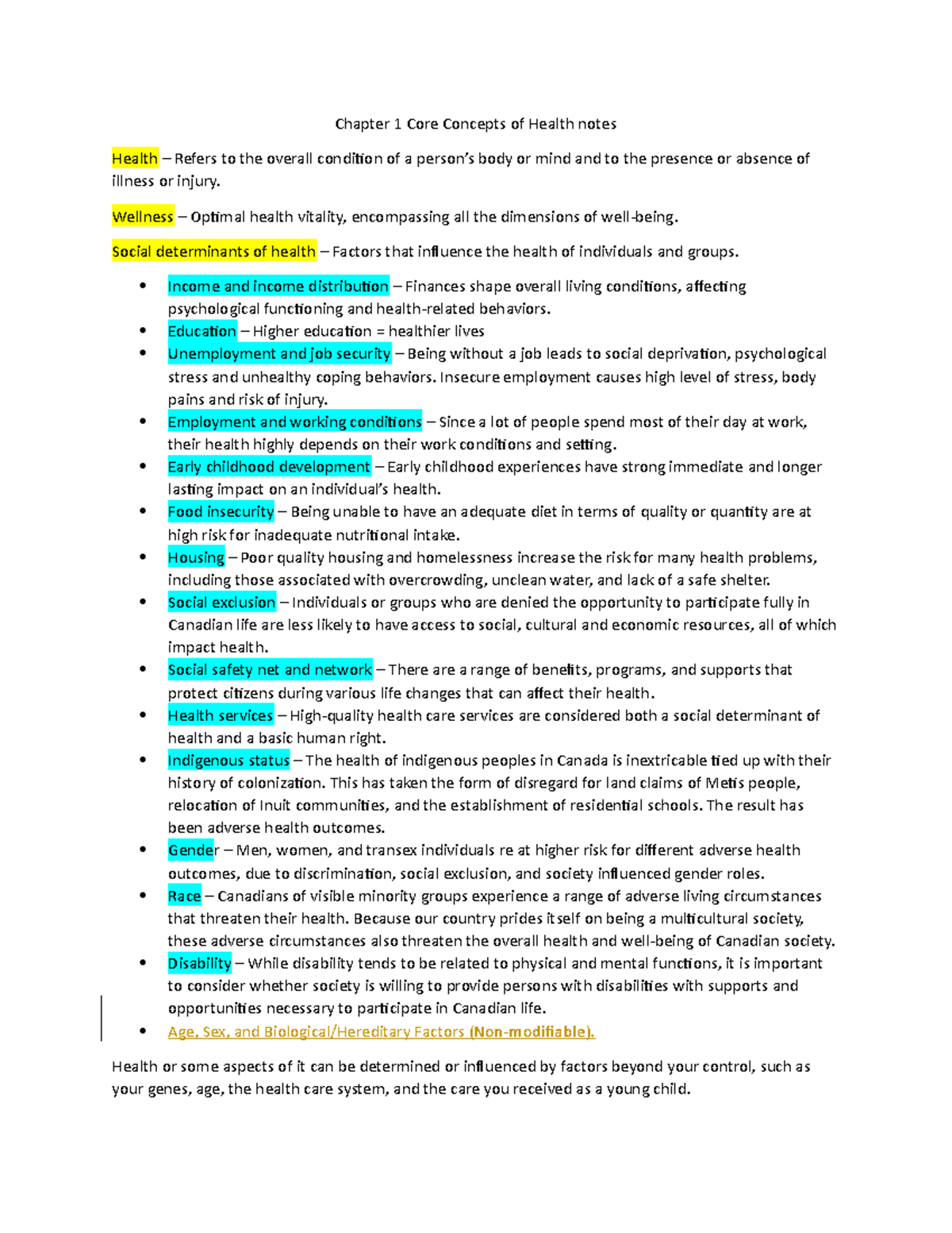 CC HLTH 101 - Chapter 1 - Lecture notes 1 - Chapter 1 Core Concepts of ...