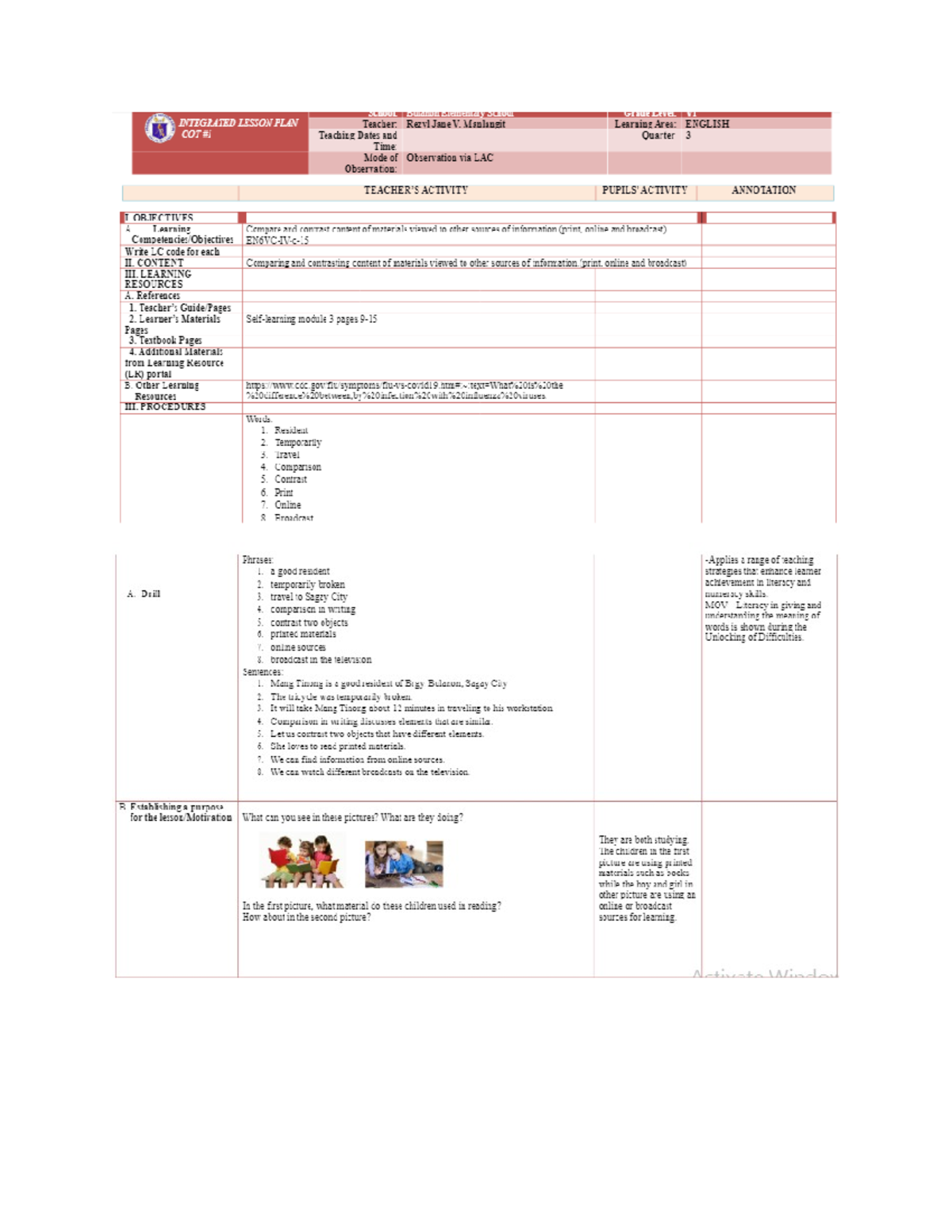 Cot2023 - cot - . OBJECTIVES A. Learning Competencies/Objectives ...