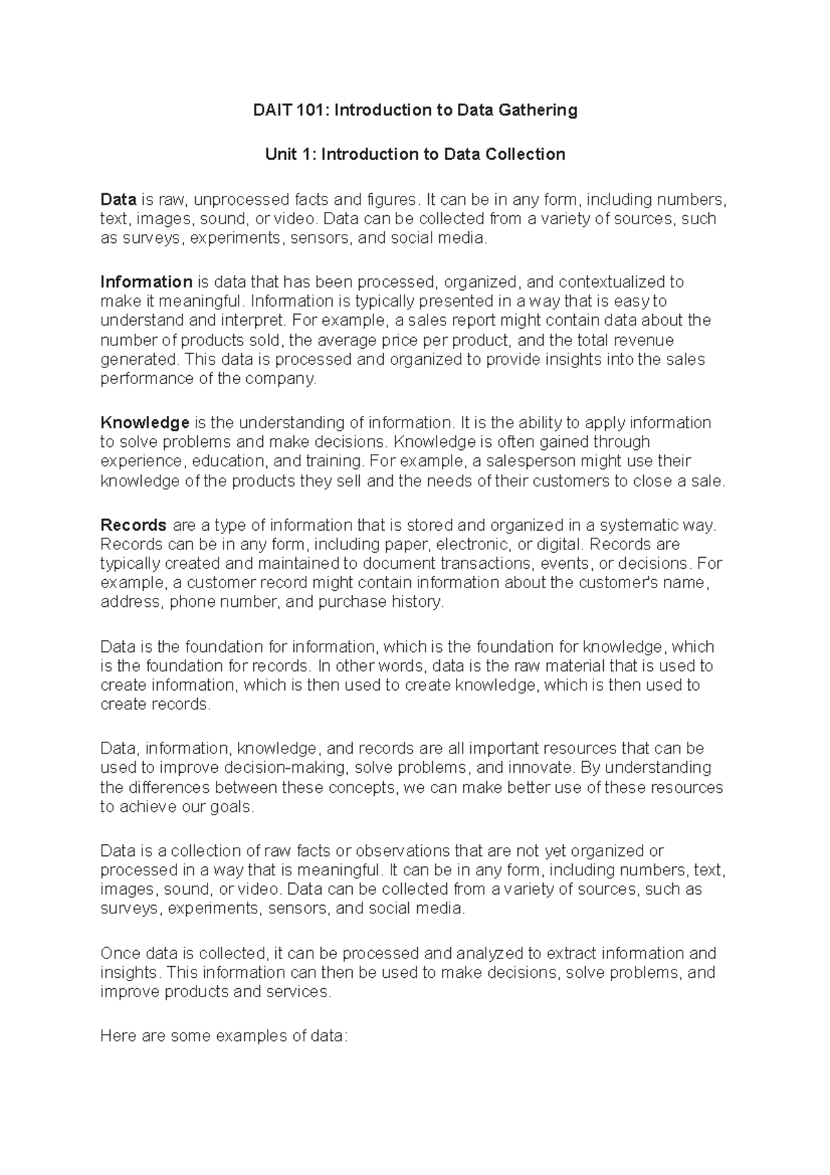 AI Diploma Unit-1 - DAIT 101: Introduction to Data Gathering Unit 1 ...