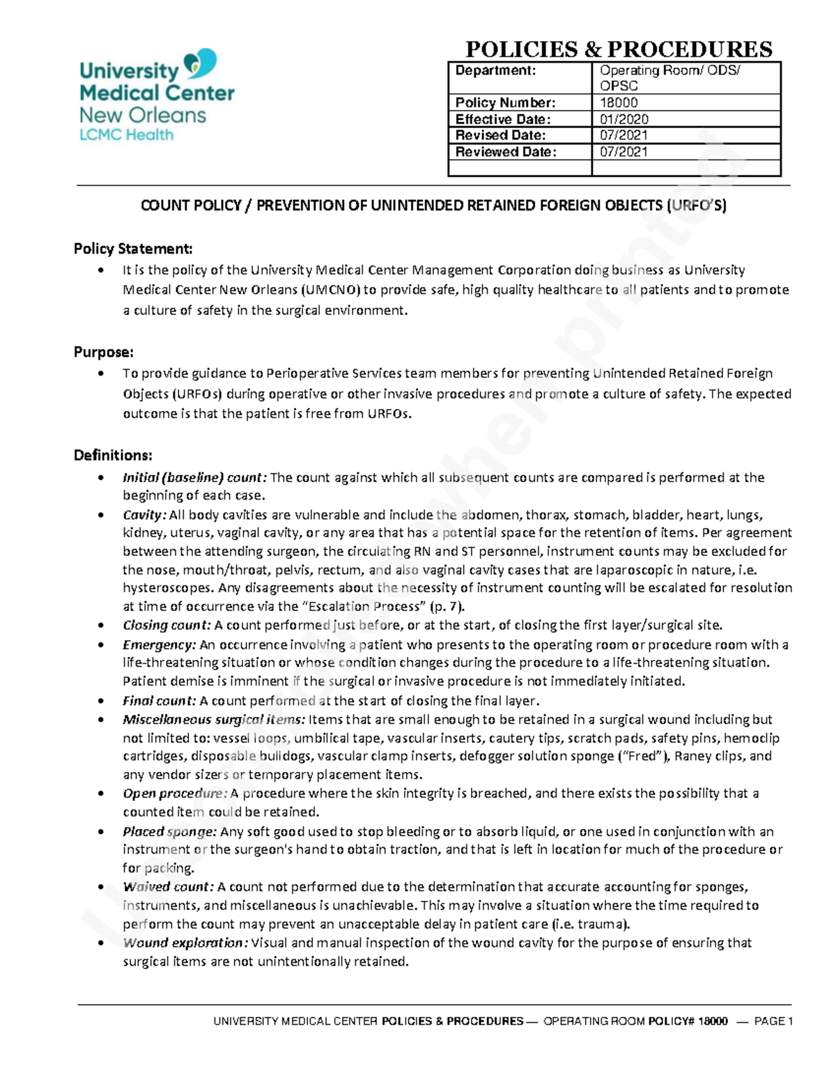 lcmc retained object - Department: Operating Room/ ODS/ OPSC Policy ...