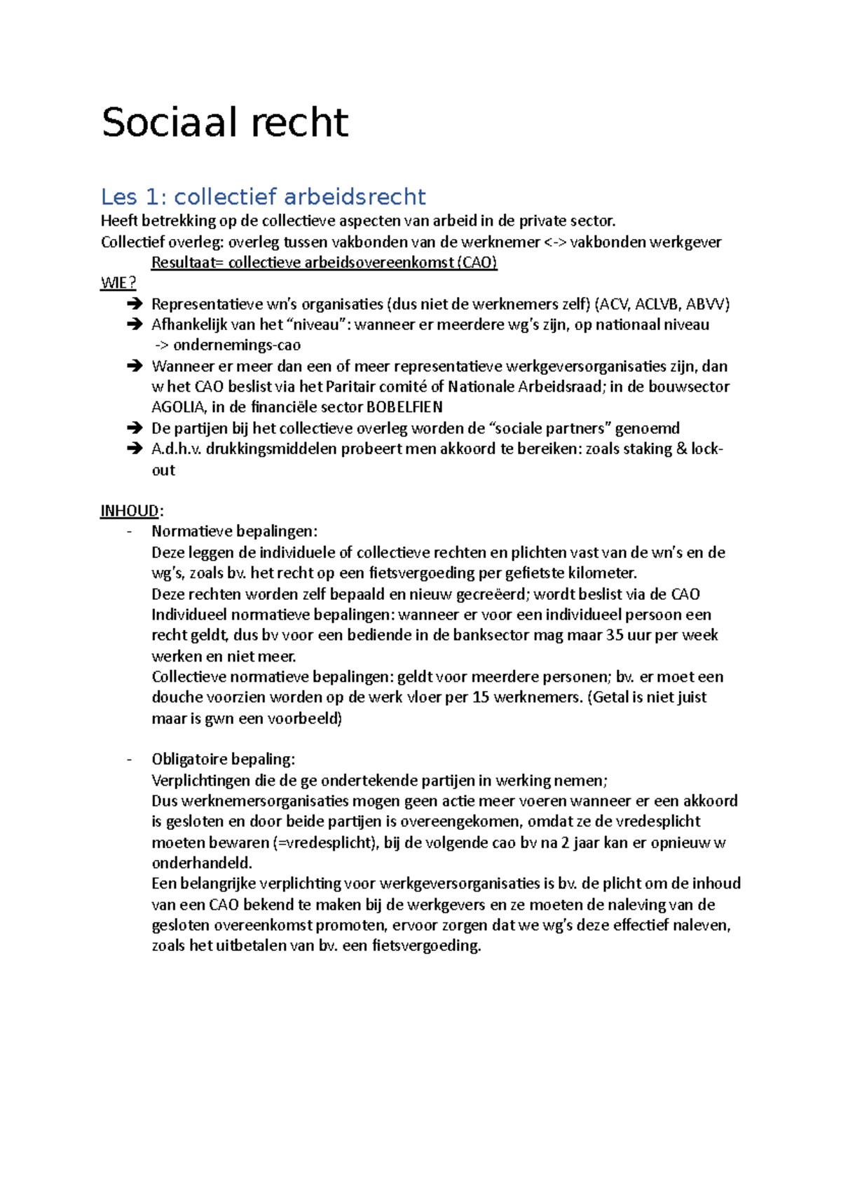 SOC Recht SV - les 1 en 2 - Sociaal recht Les 1: collectief ...