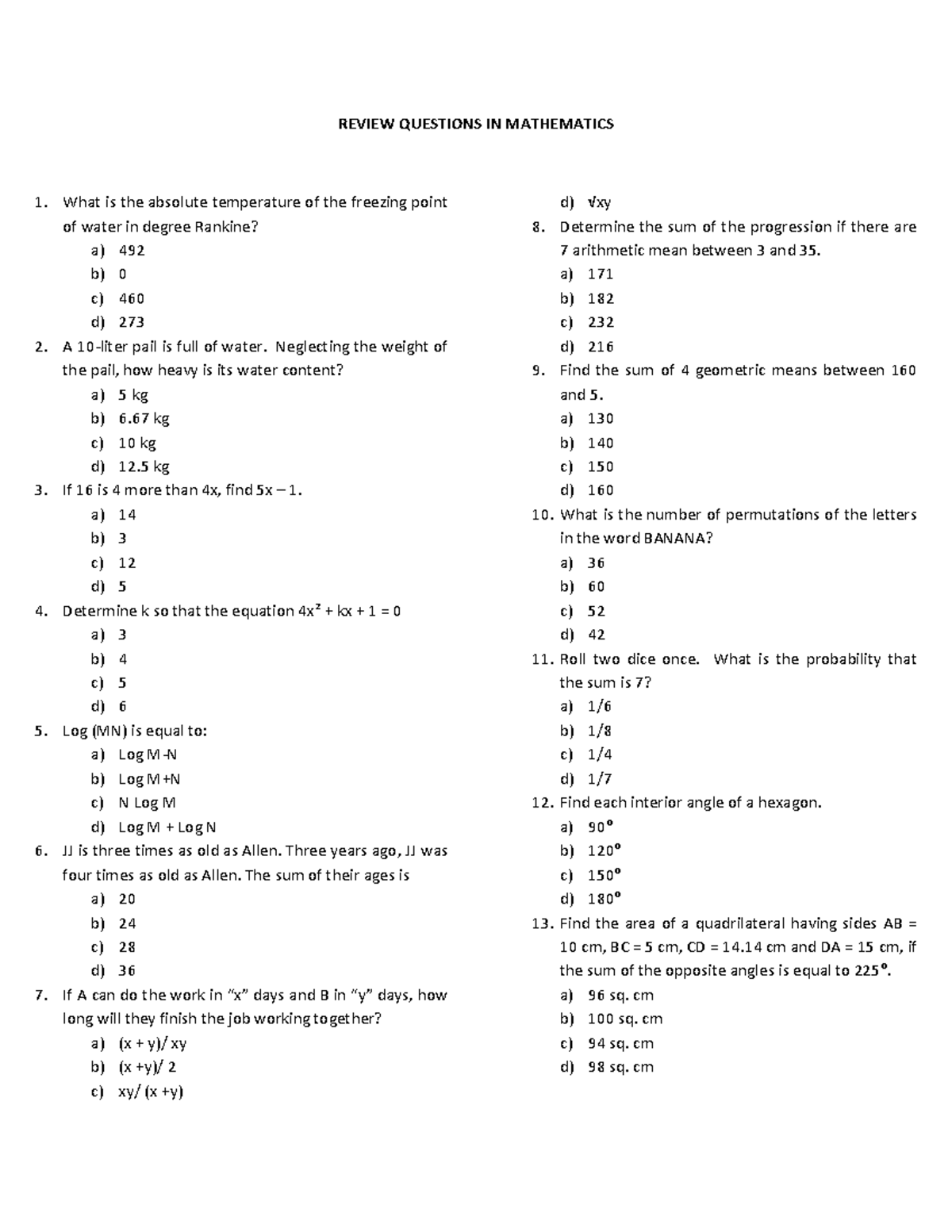 102241102 Review Questions in Mathematics - REVIEW QUESTIONS IN ...