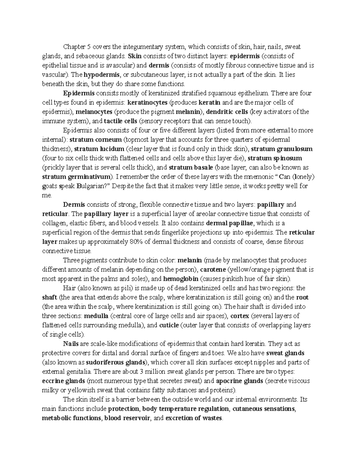 Cheroske Chapter 5 Lecture Summary - Chapter 5 covers the integumentary ...