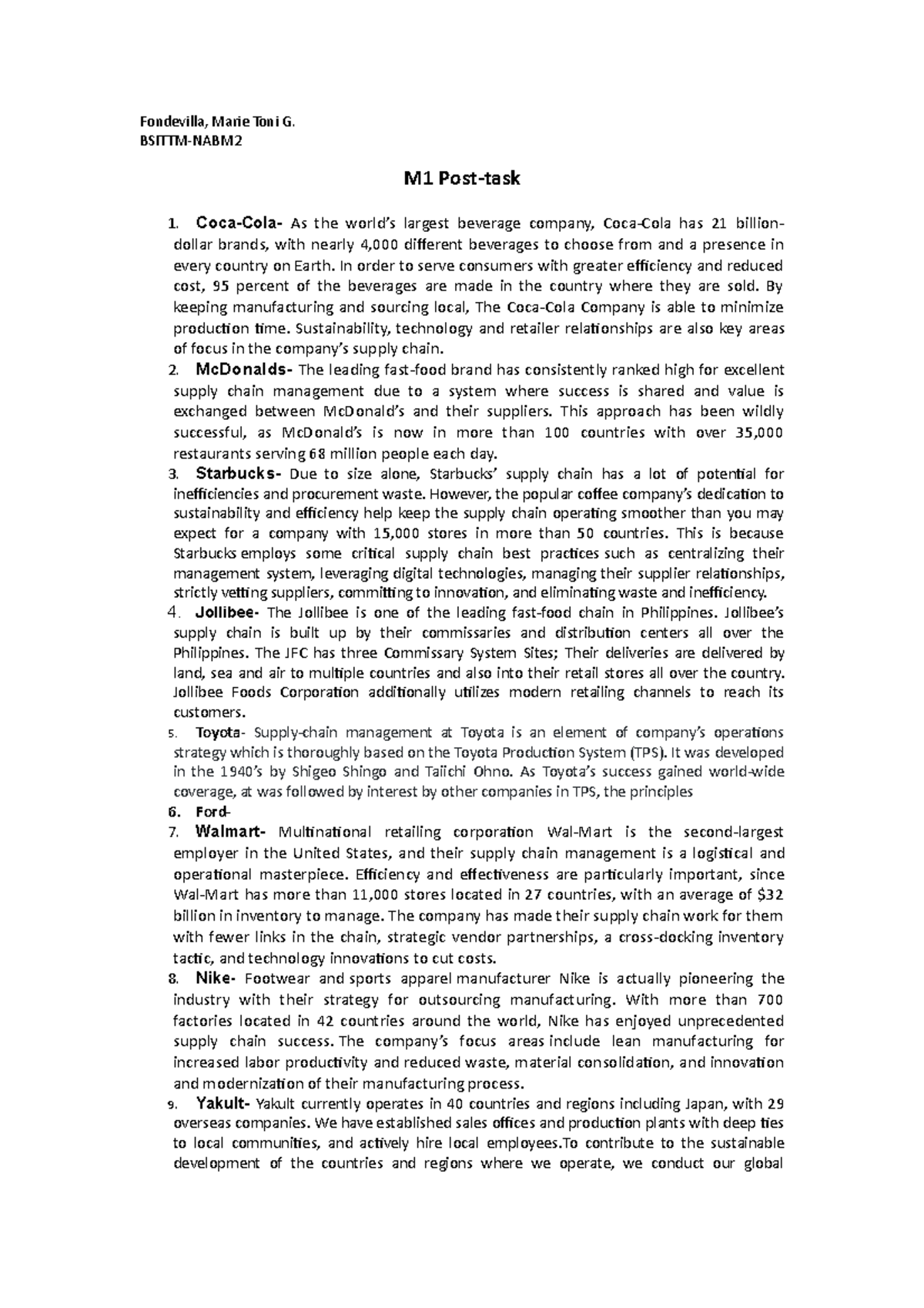 M1 Post-task - M1 Post-task - Fondevilla, Marie Toni G. BSITTM-NABM M1 Post-task Coca-Cola- As ...