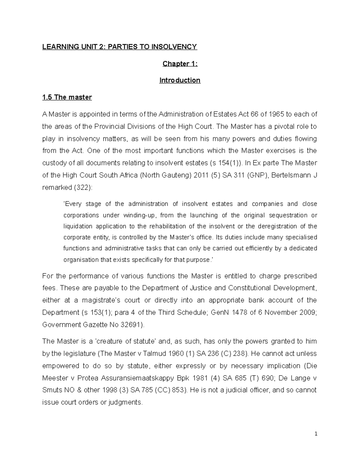 Learning Unit 2 - LEARNING UNIT 2: PARTIES TO INSOLVENCY Chapter 1 ...