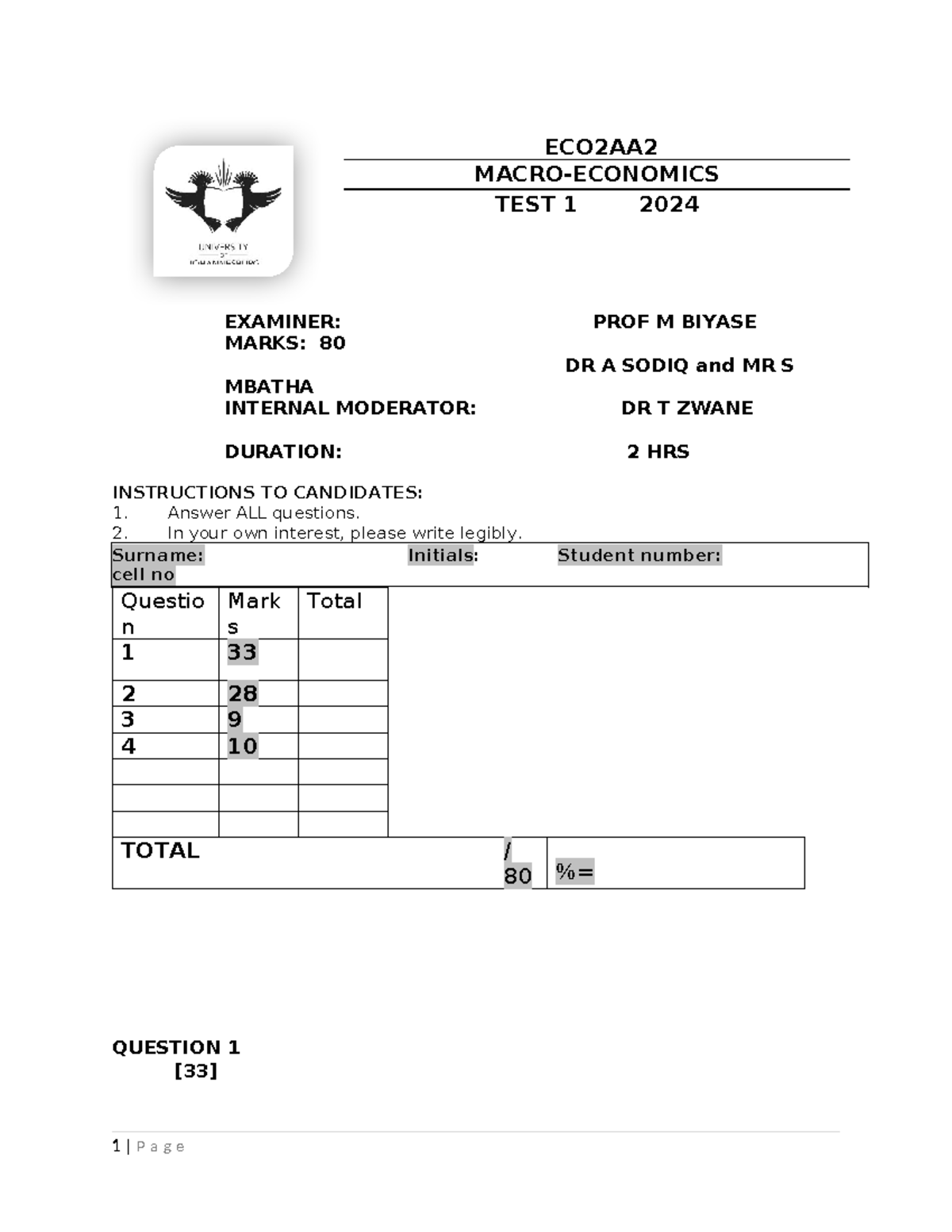 Semester Test 1 Memo - ECO2AA MACRO-ECONOMICS TEST 1 2024 EXAMINER ...