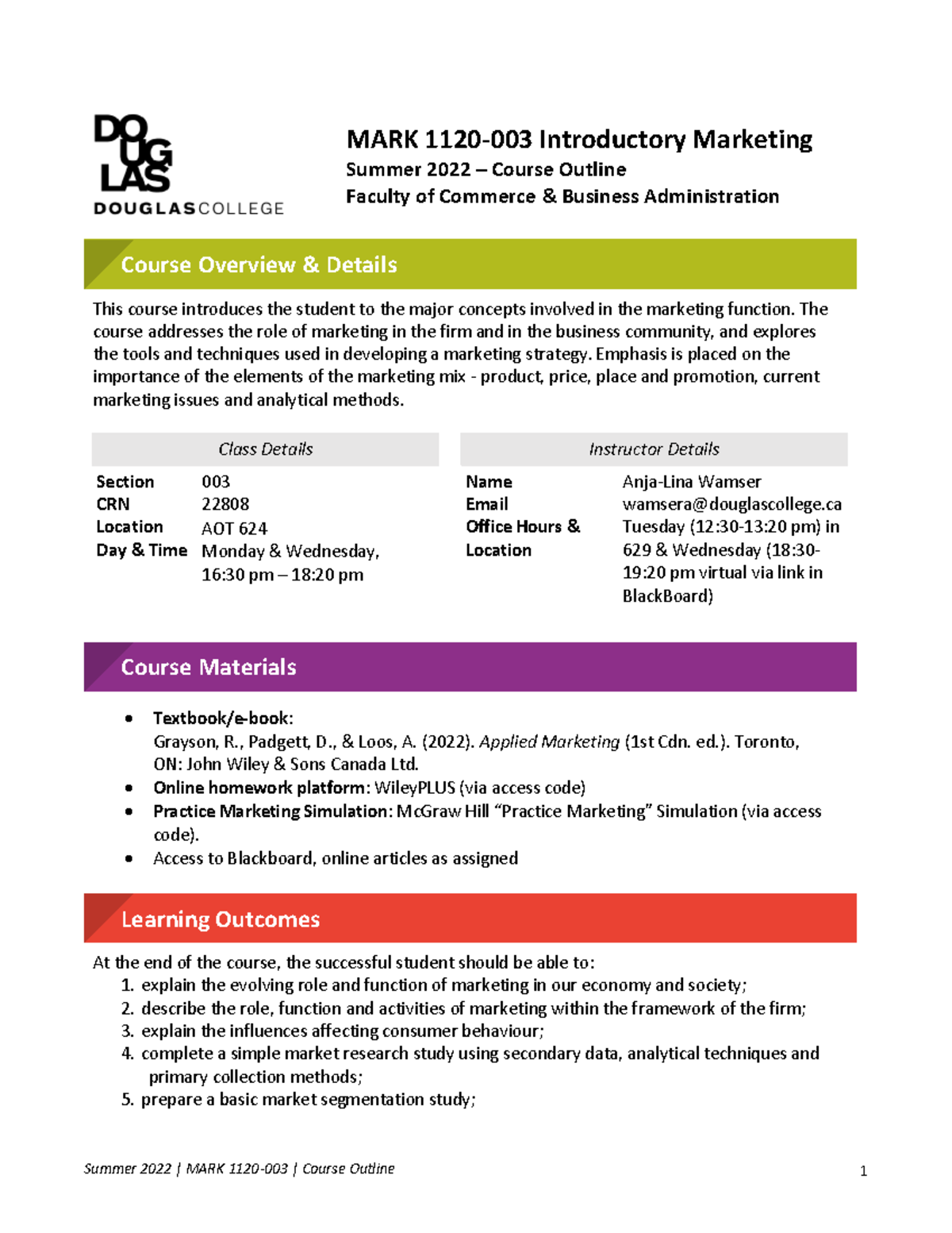 Course Outline MARK1120 - Done - MARK 1120 - 003 Introductory Marketing ...