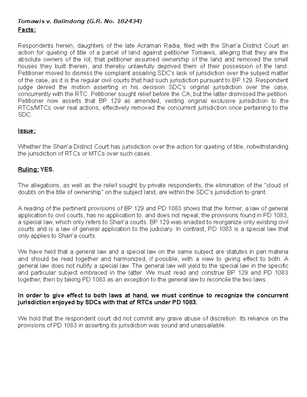 Tomawis v - Respondents herein, daughters of the late Acraman Radia ...