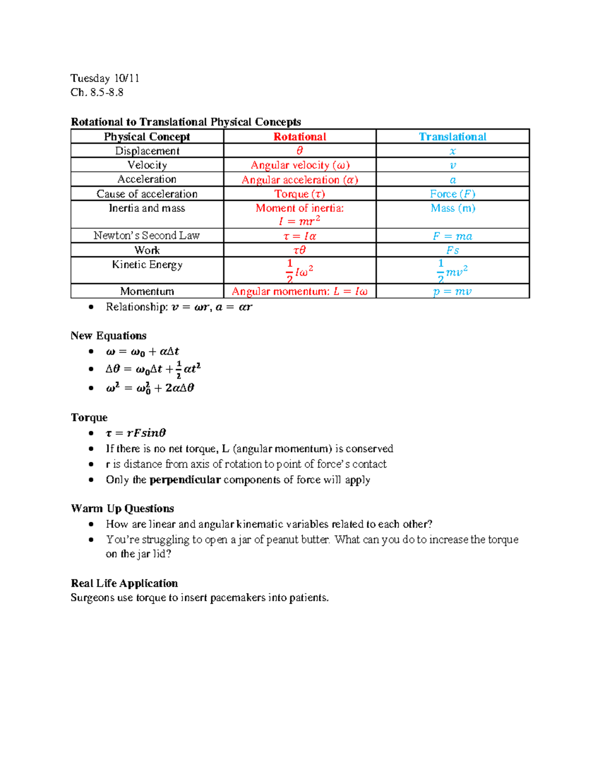 Lecture 10/11/22 - Tuesday 10/ Ch. 8-8. Rotational to Translational Physical Concepts Physical ...