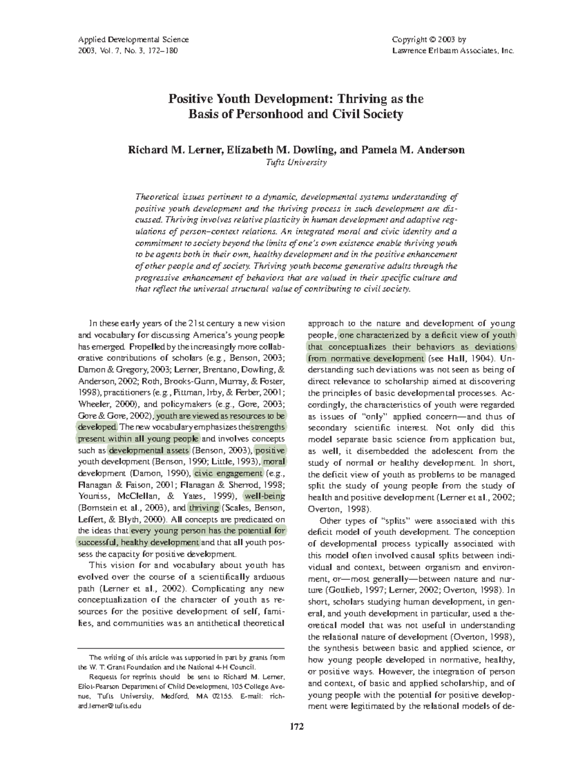 Positive Youth Development Lerner - Positive Youth Development ...