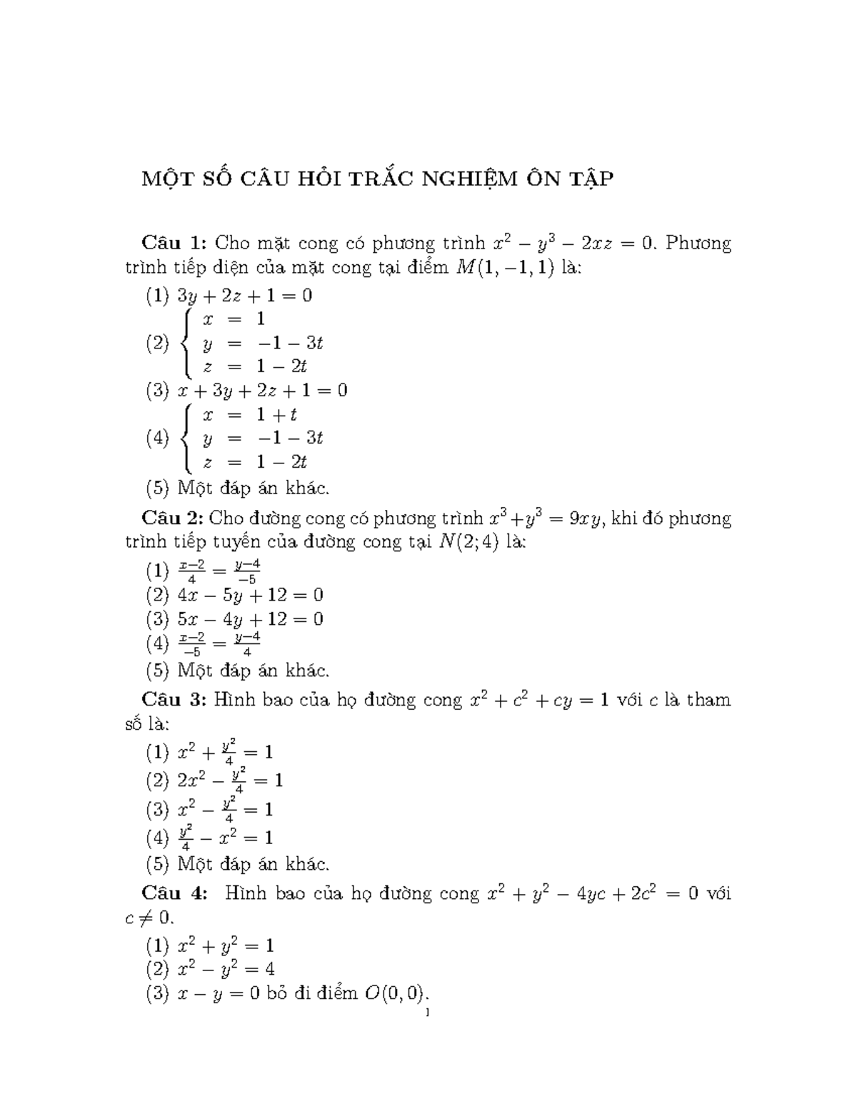 Đề cương gt2 nn1................................................. - MỘT SỐ CÂU HỎI TRẮC NGHIỆM ...