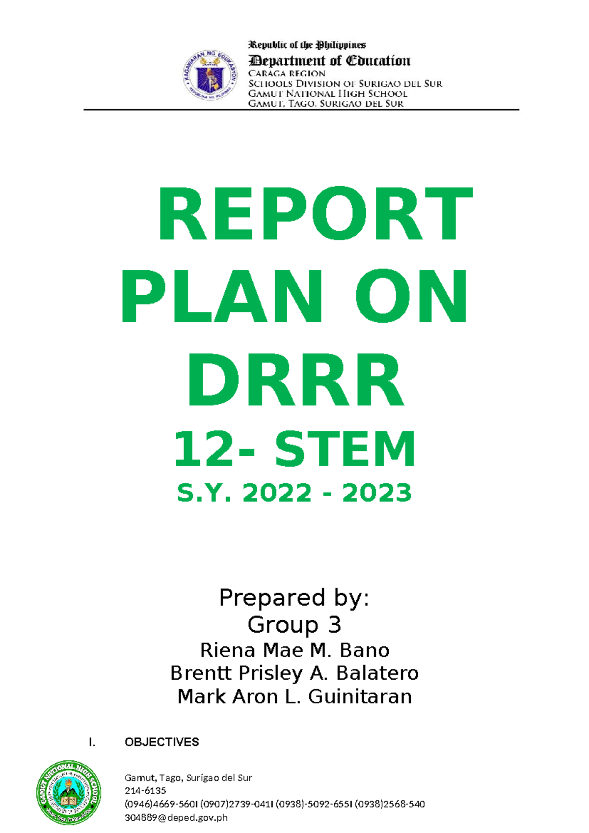Report Plan DRRR Group 3 - Gamut, Tago, Surigao del Sur 214- (0946)4669 ...